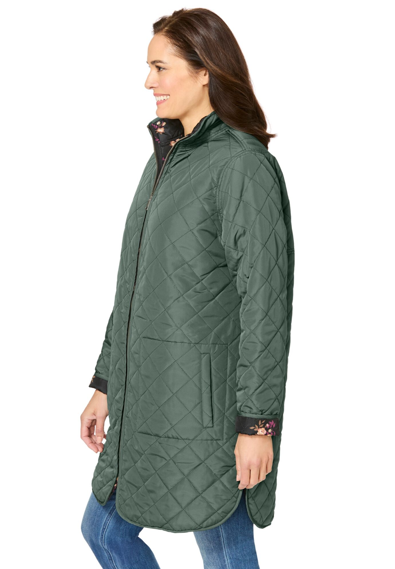 Reversible Quilted Barn Jacket for Women, Pine Black Prairie Floral ...