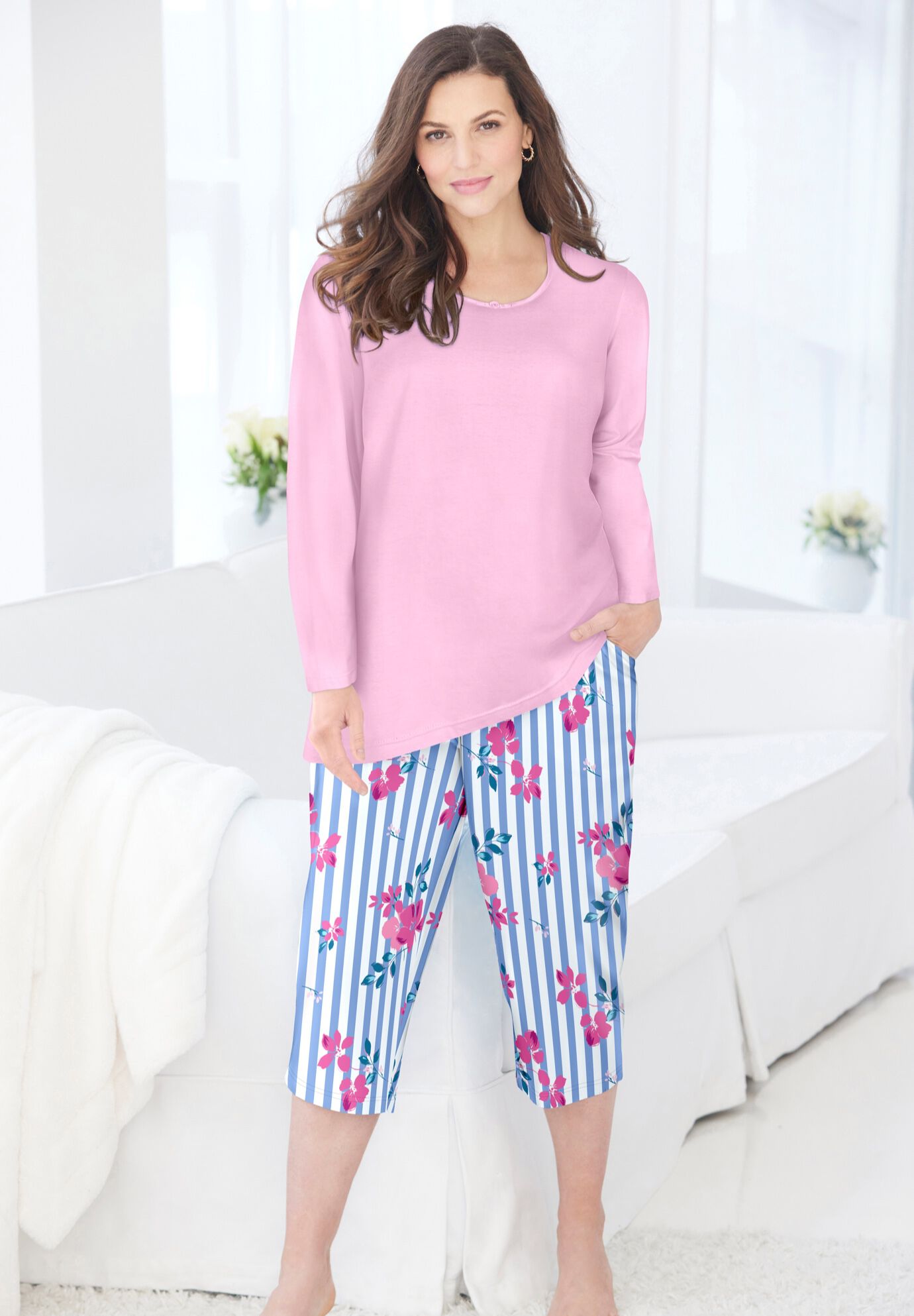 Cotton Knit Sleep Capri Pajama Pants 18" Inseam, Black | Woman Within