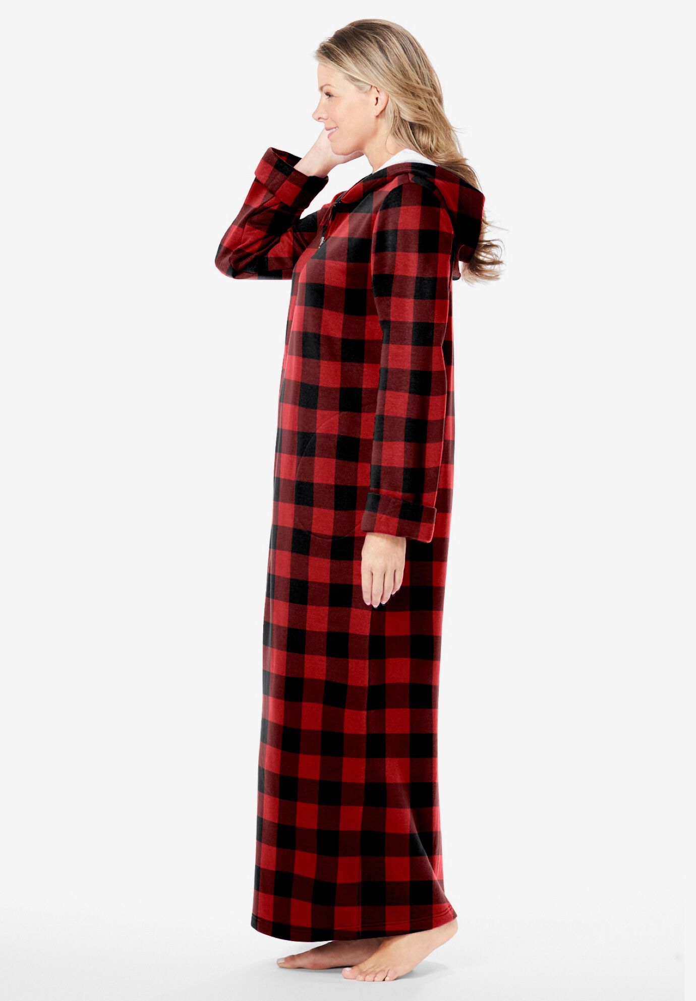 Long Hooded Fleece Sweatshirt Bathrobe, Red Buffalo Plaid | Woman Within