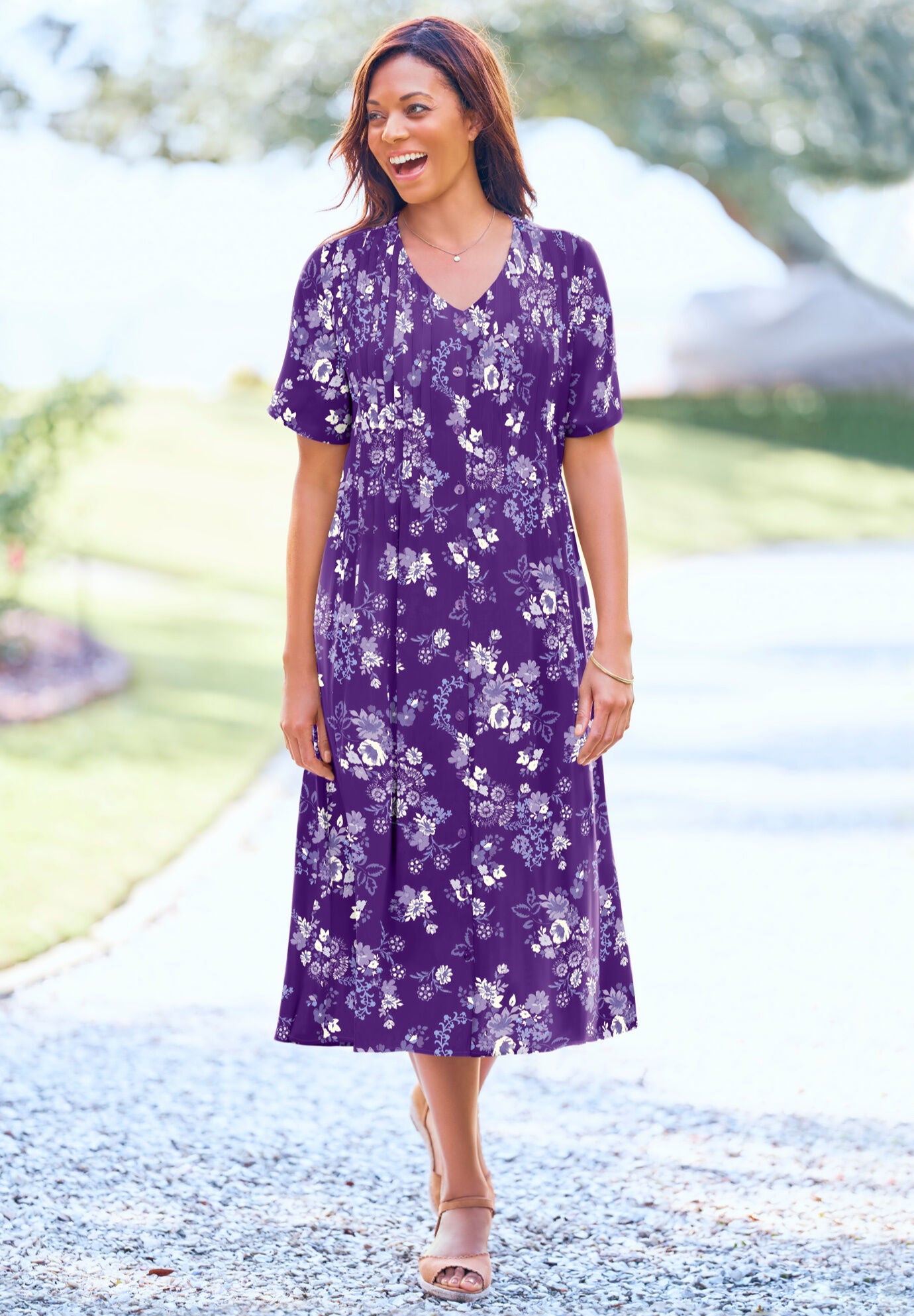 Plus Size Short-Sleeve Button-Front Dress, Raspberry Spring Blossom ...