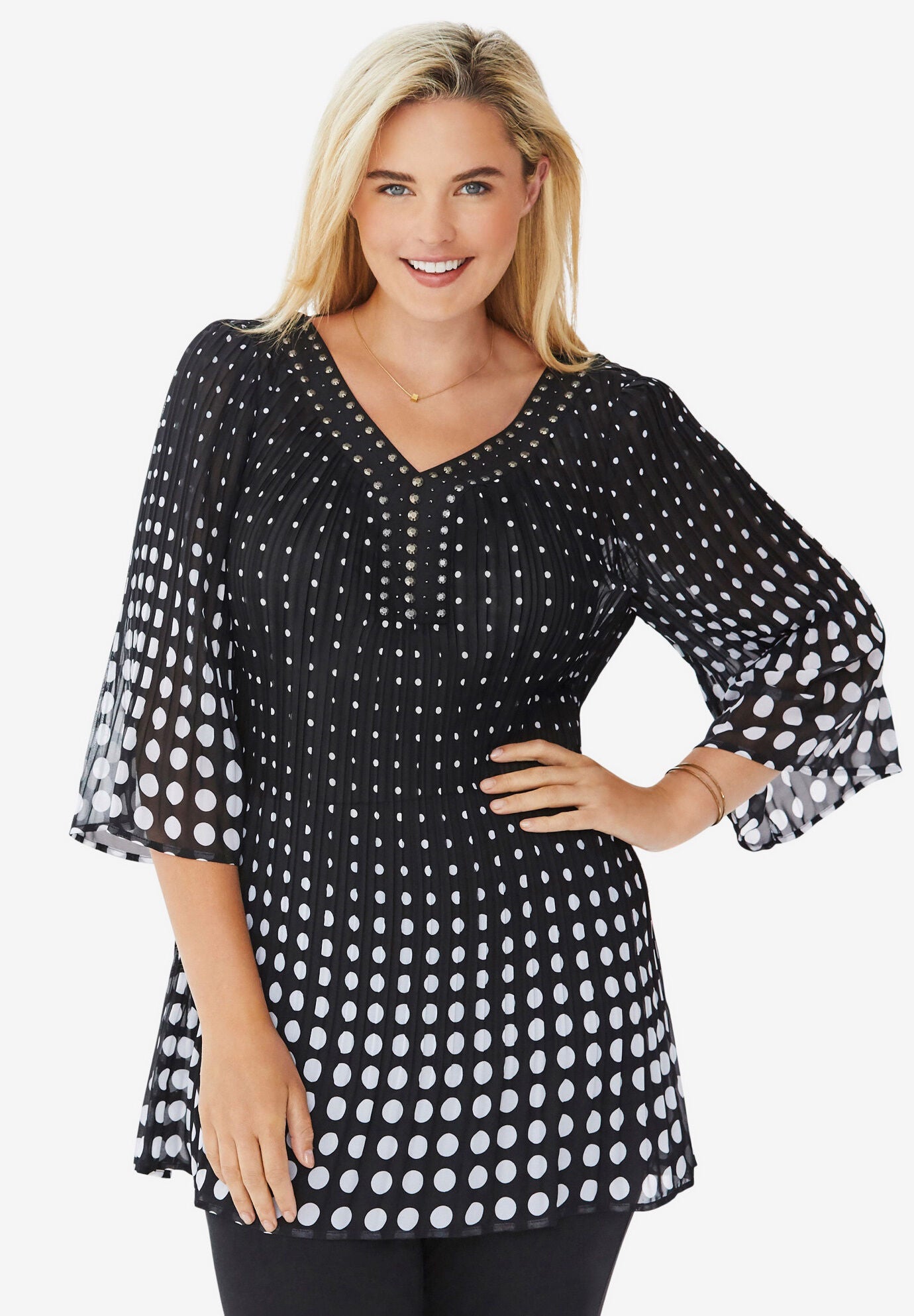 Pleated A-Line Blouse with Bell Sleeves, Black Linear Gradient Dot ...