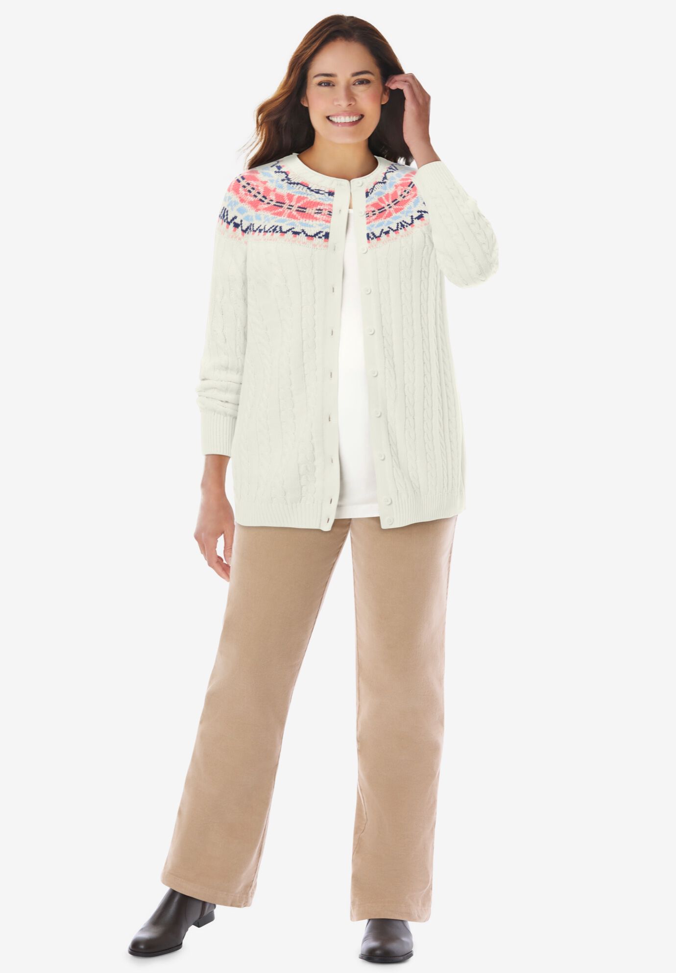 Fair Isle Cardigan, Classic Knit Design, Black Fair Isle Stripe | Woman ...