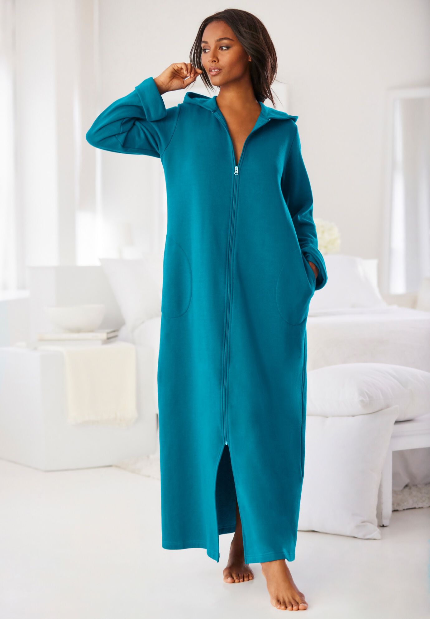 Soft-Touch Short Sweatshirt Robe with Hood, Deep Teal | Woman Within