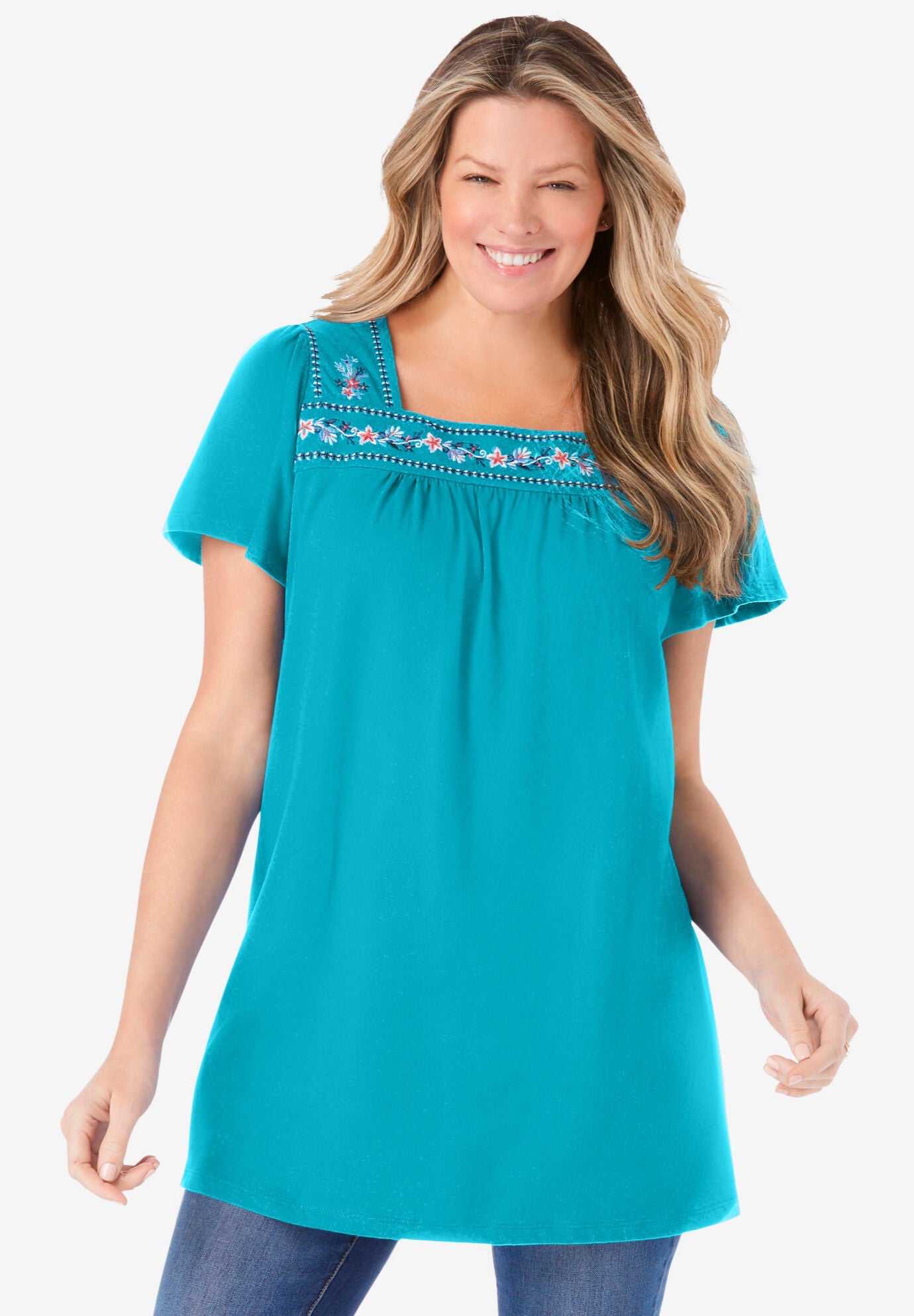 Embroidered Square Neck Tunic - 30" Length, Pretty Turquoise Multi ...