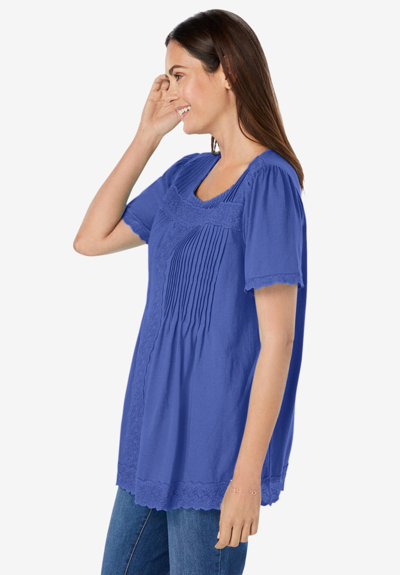 Lace-Trim Pintucked Tunic for Women, White | Woman Within