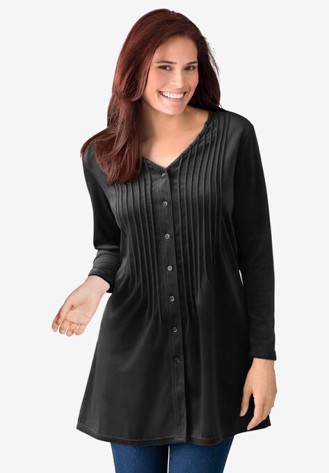 Knit velour tunic shirt in a comfortable A-line with pintucks | Woman ...