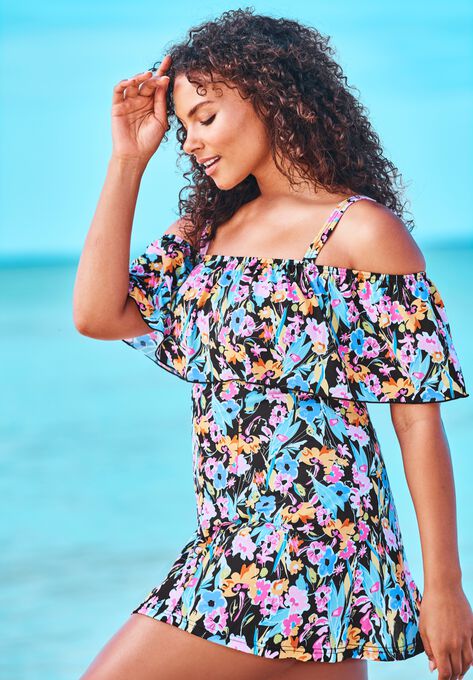 Off-The-Shoulder Flounce Swim Dress | Woman Within