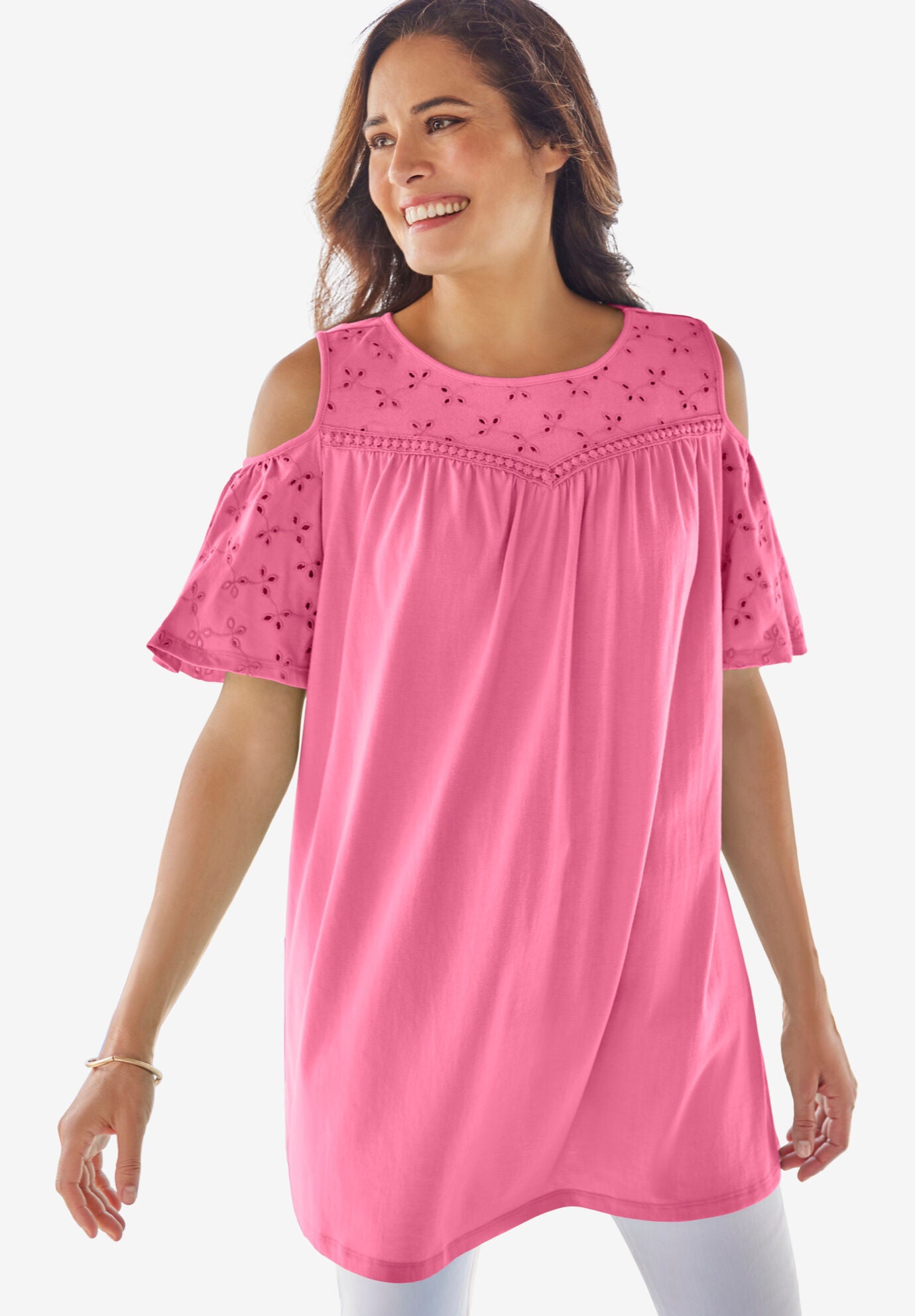 Eyelet Cold-Shoulder Tunic with Short Sleeves, Tropical Emerald | Woman ...