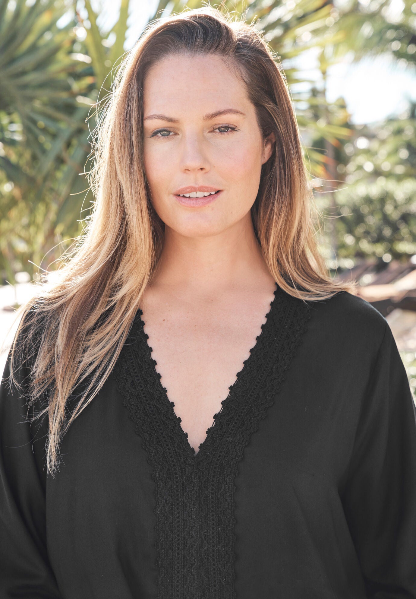 V-Neck Crochet Dress Cover-Up in Rayon, Black | Woman Within