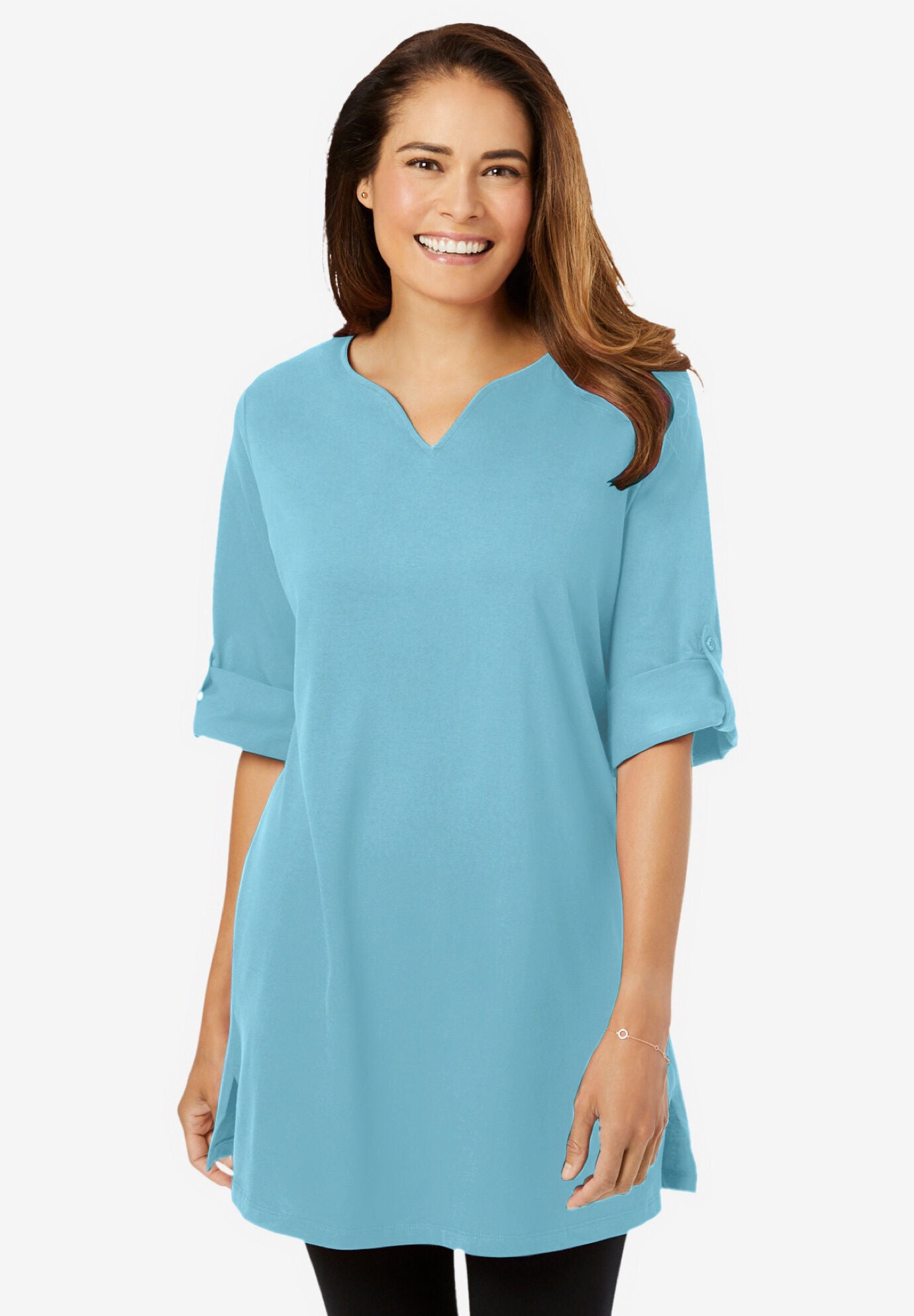 Roll-Tab Sleeve Notch-Neck Tunic for Women, Seamist Blue | Woman Within