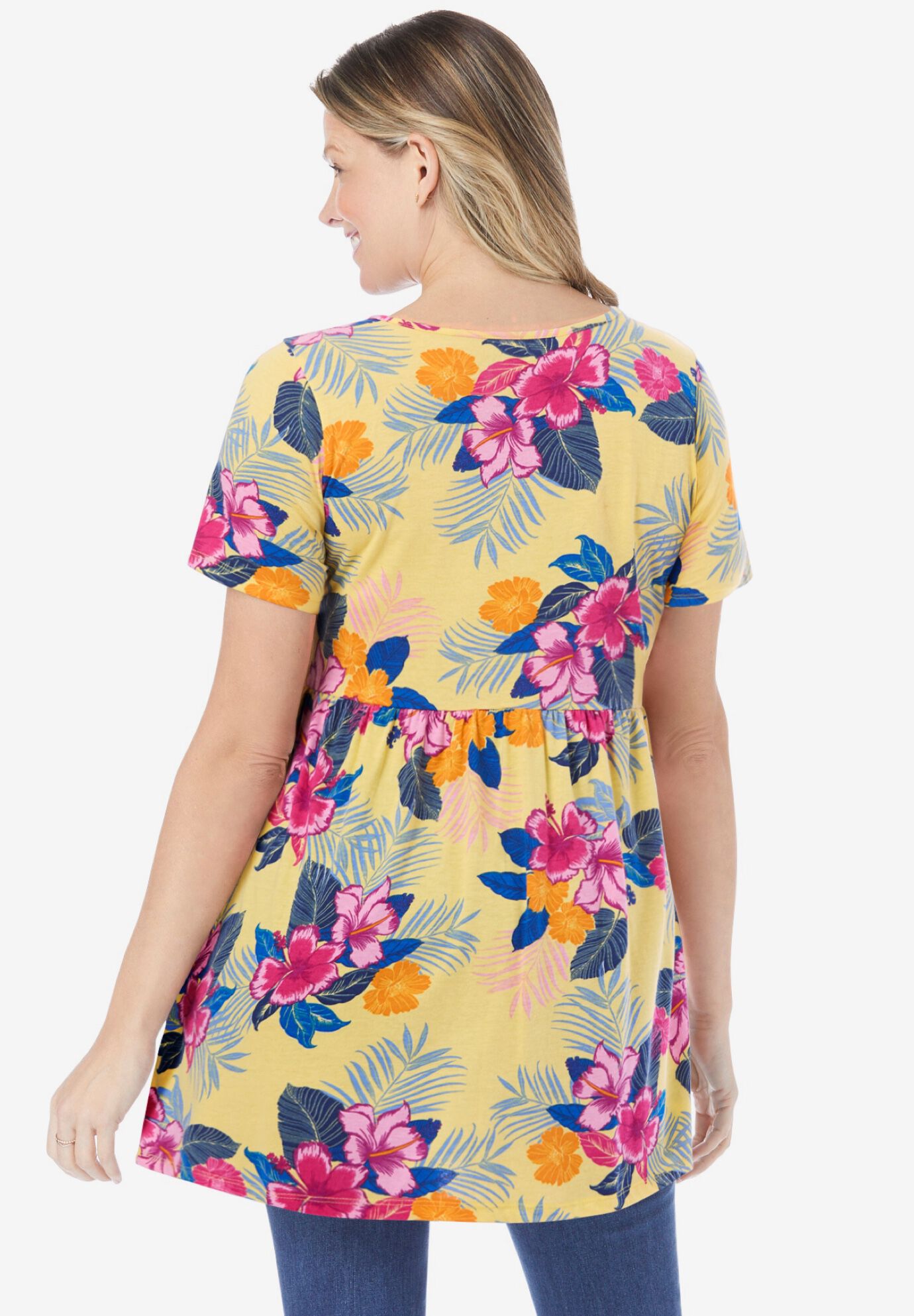 Short-Sleeve Empire Waist Tunic Top, Banana Hibiscus Tropicana | Woman ...
