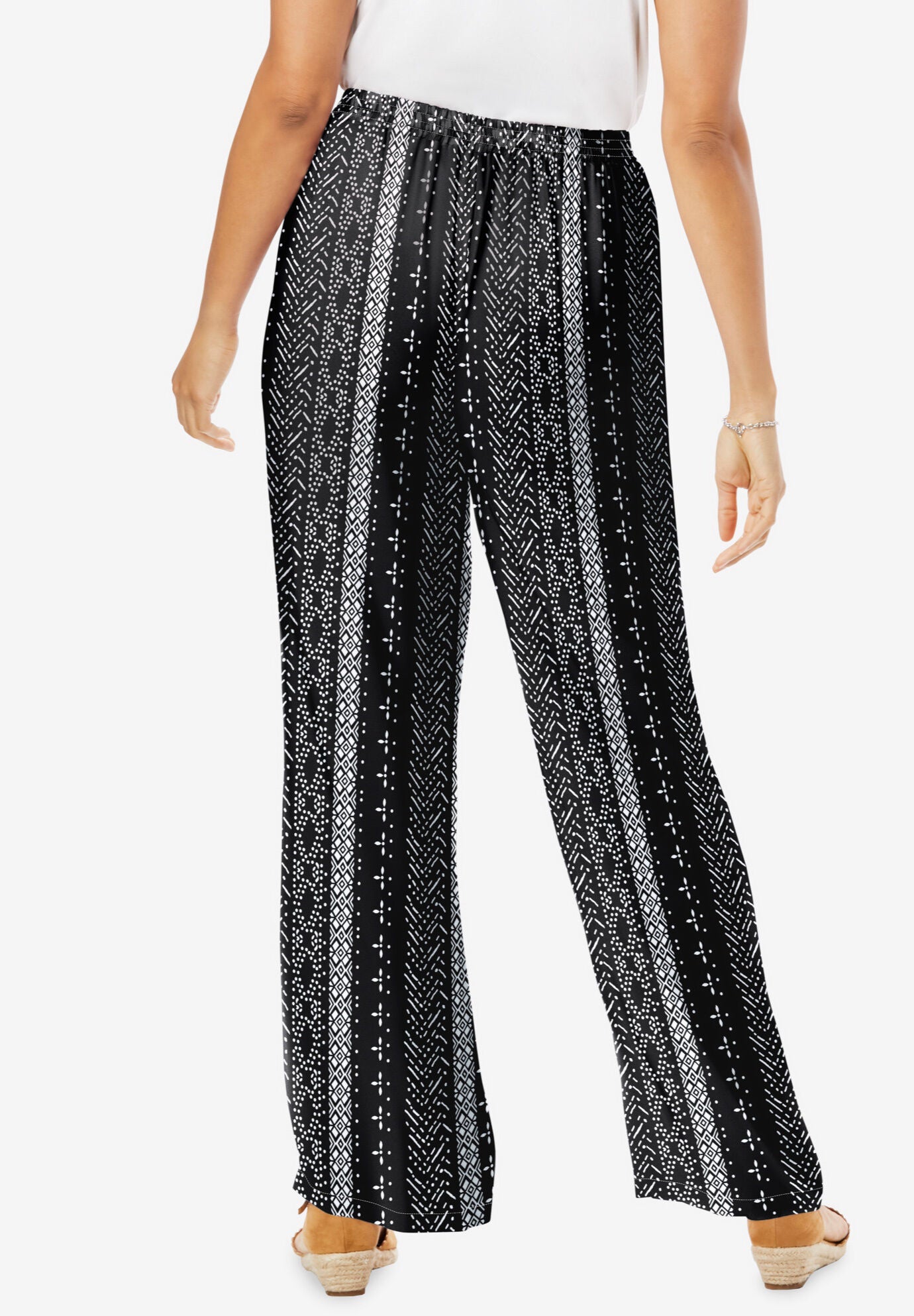 Pull-On Elastic Waist Wide-Leg Pants, Black Batik Stripe | Woman Within