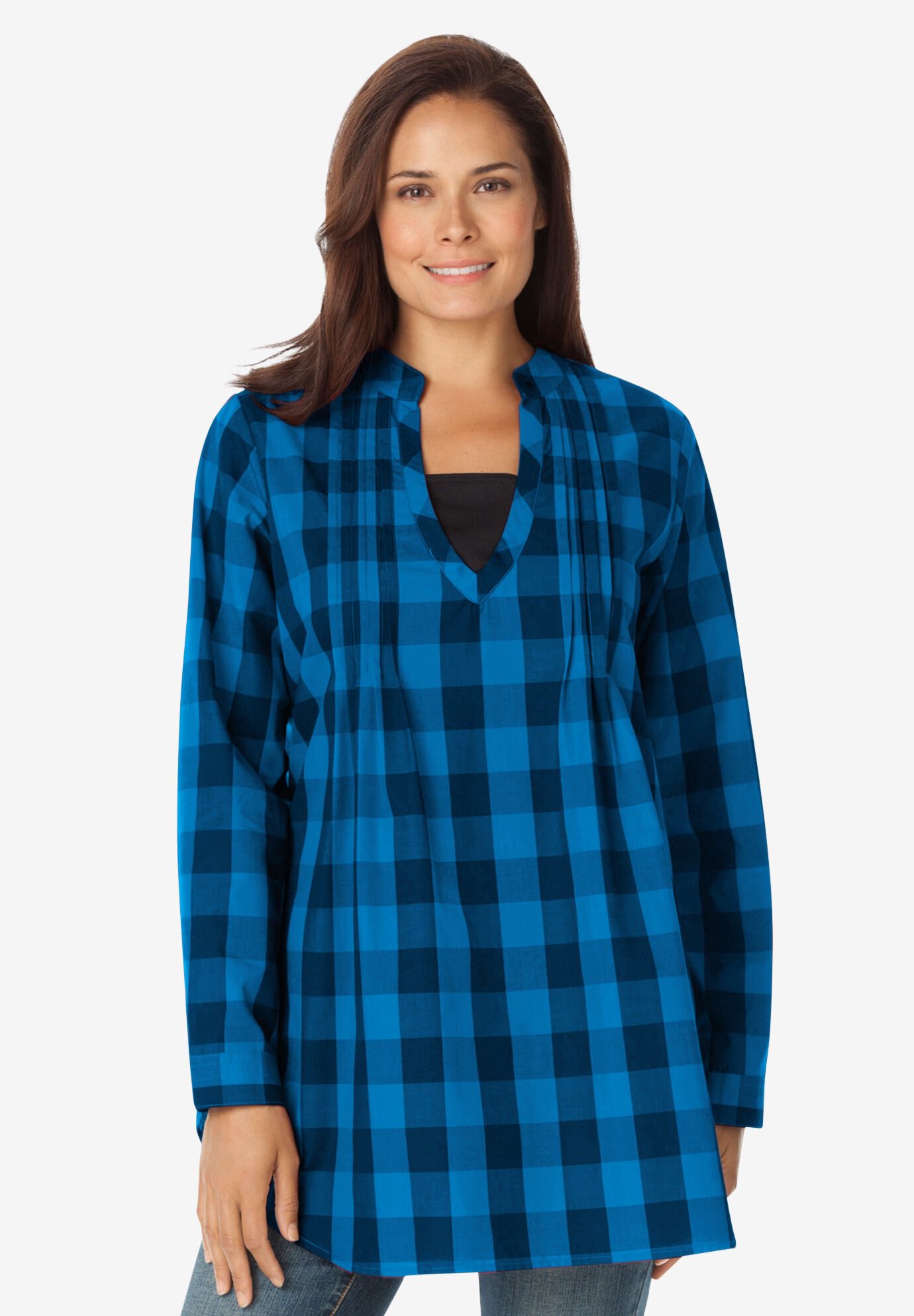 Layered-Look Tunic for Perfect Fit, Ivory Small Buffalo Plaid | Woman ...