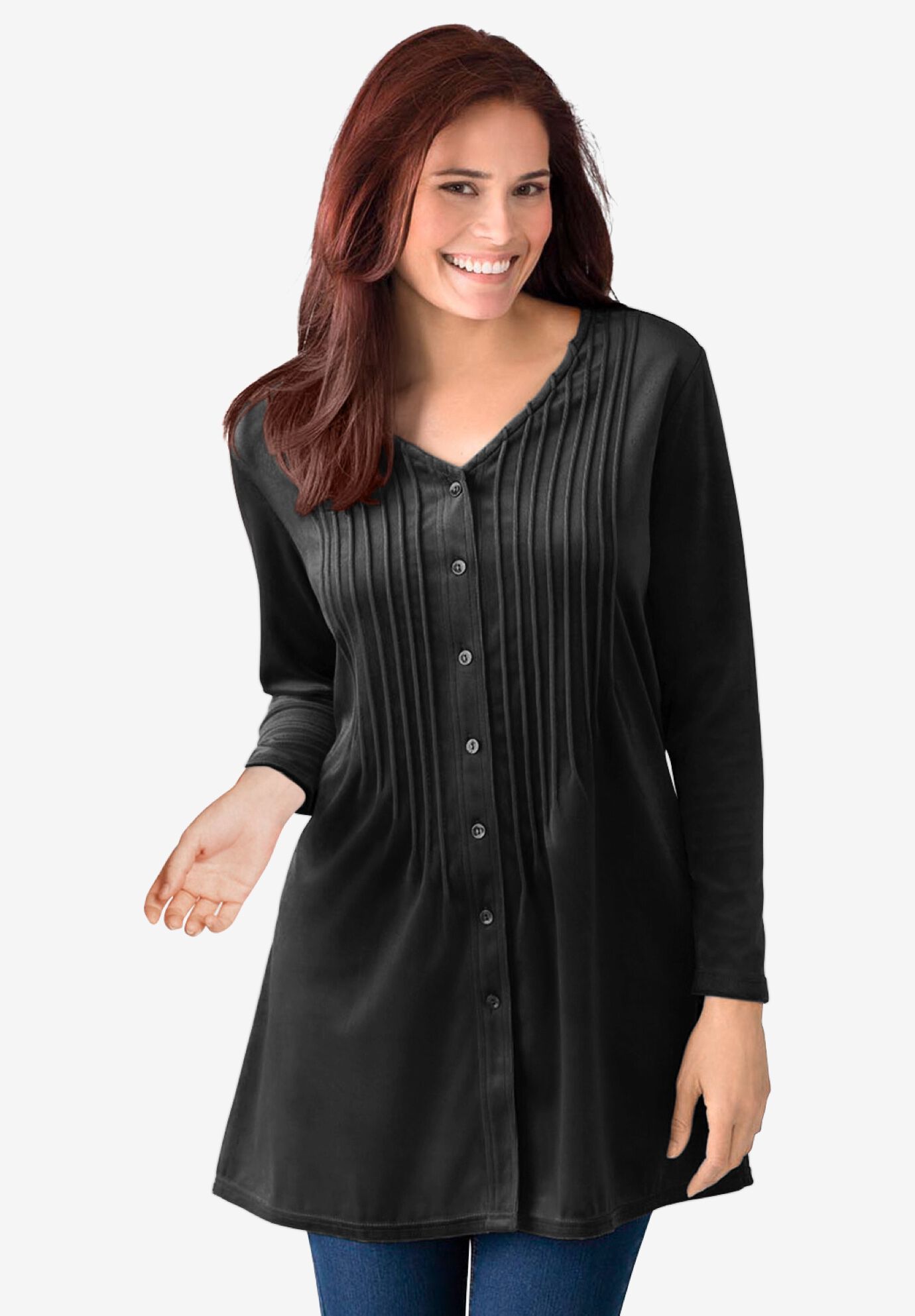 Velour Pintuck Tunic - Knit A-Line Shirt, Black | Woman Within
