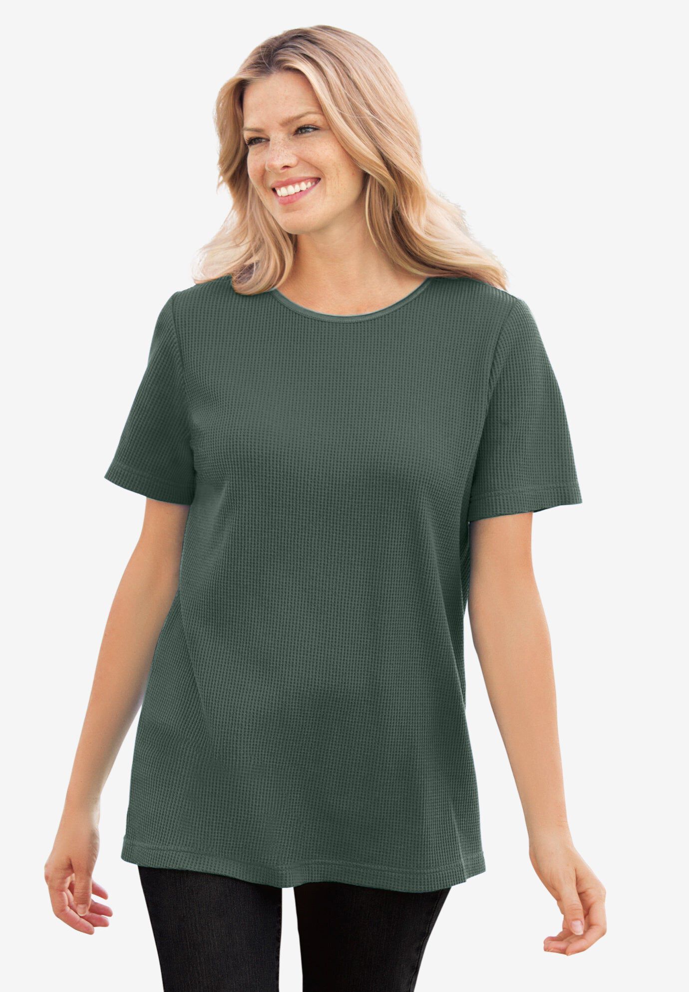 Thermal Satin-Trim Short-Sleeve Tee, Pine | Woman Within