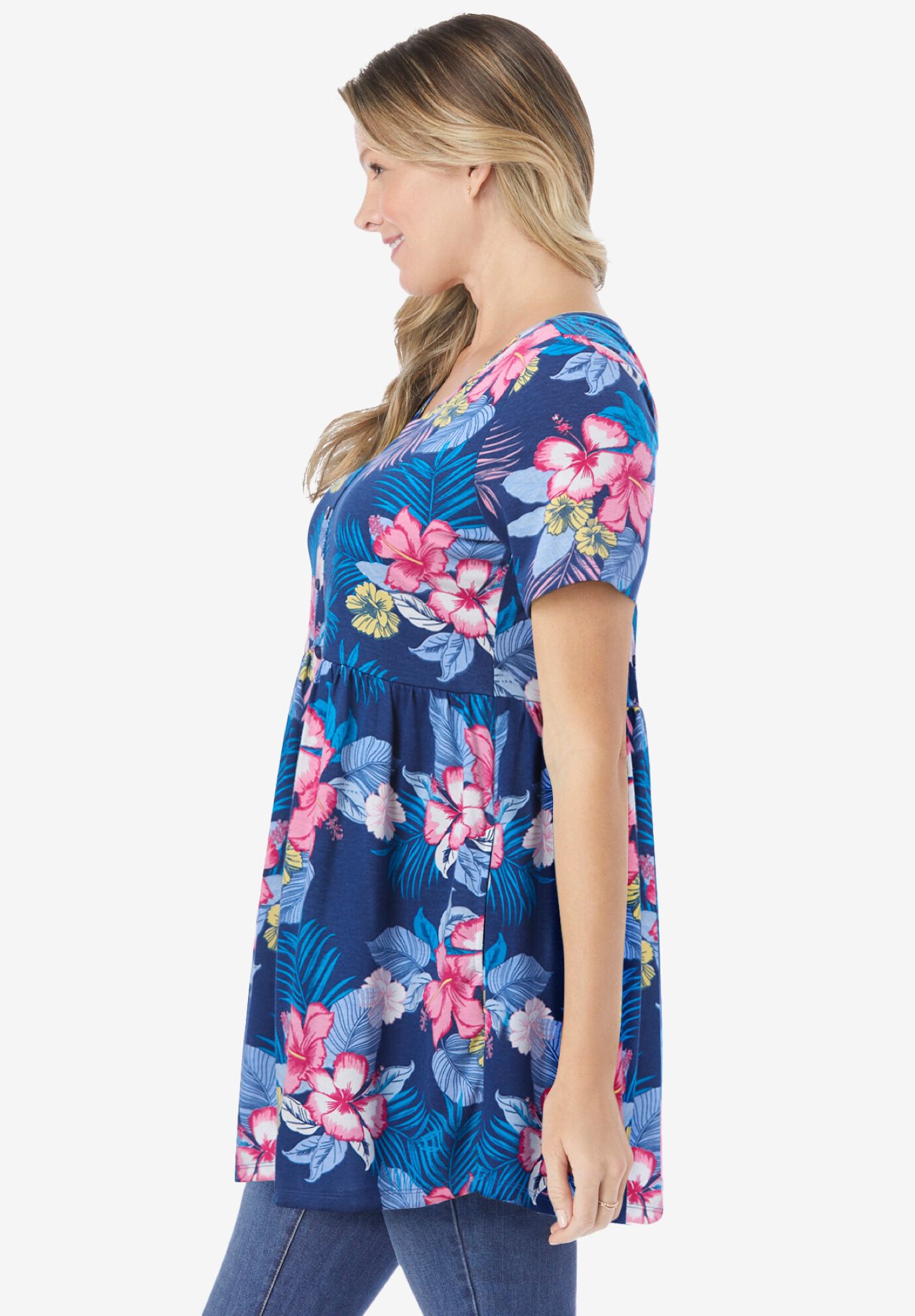Short-Sleeve Empire Waist Tunic Top, Navy Hibiscus Tropicana | Woman Within