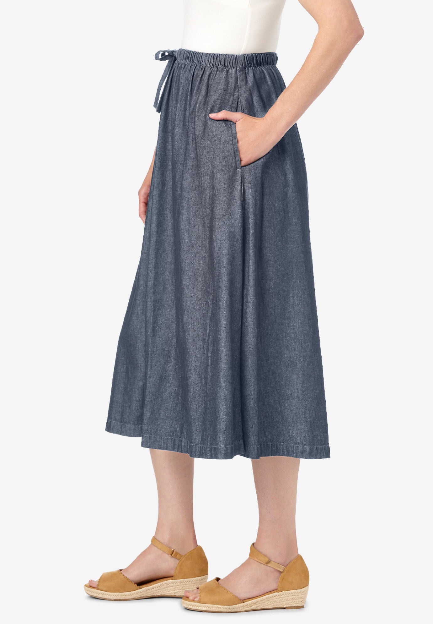Drawstring Denim Skirt - A-line, Full Elastic Waist, Indigo | Woman Within