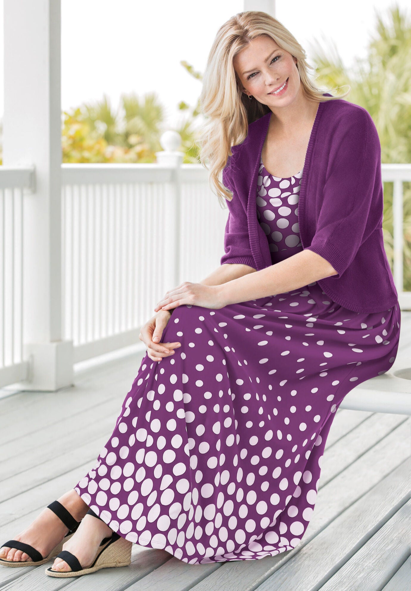 Plus Size Banded-Waist Maxi Dress, Plum Purple Ombre Dot | Woman Within