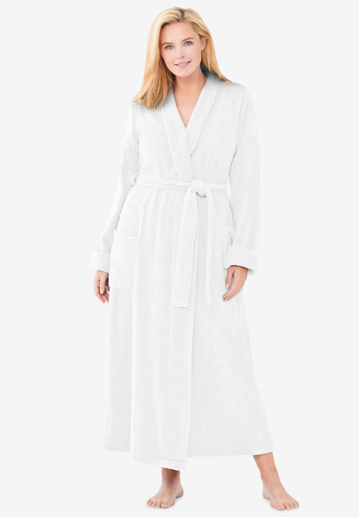 Soft Terry Long Robe - Cozy Cotton Style, White | Woman Within