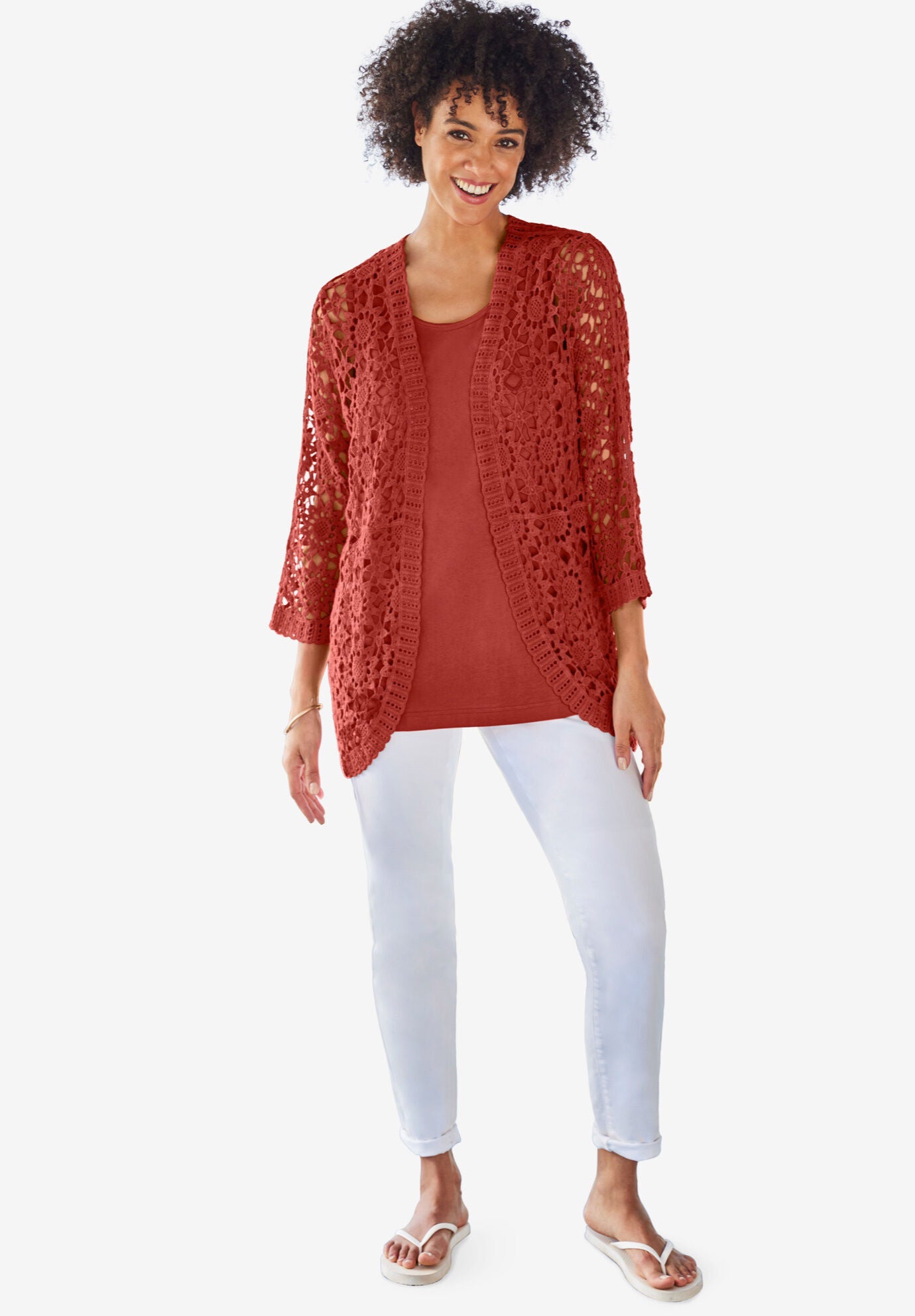 Pointelle Cardigan - Curved Hem, Relaxed Fit, Red Ochre | Woman Within