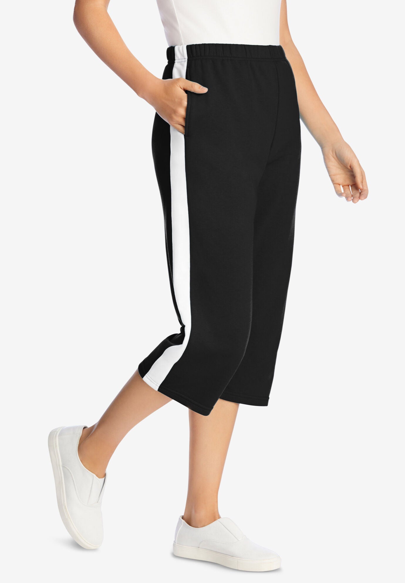 Cotton French Terry Capri Side-Stripes, Black White | Woman Within