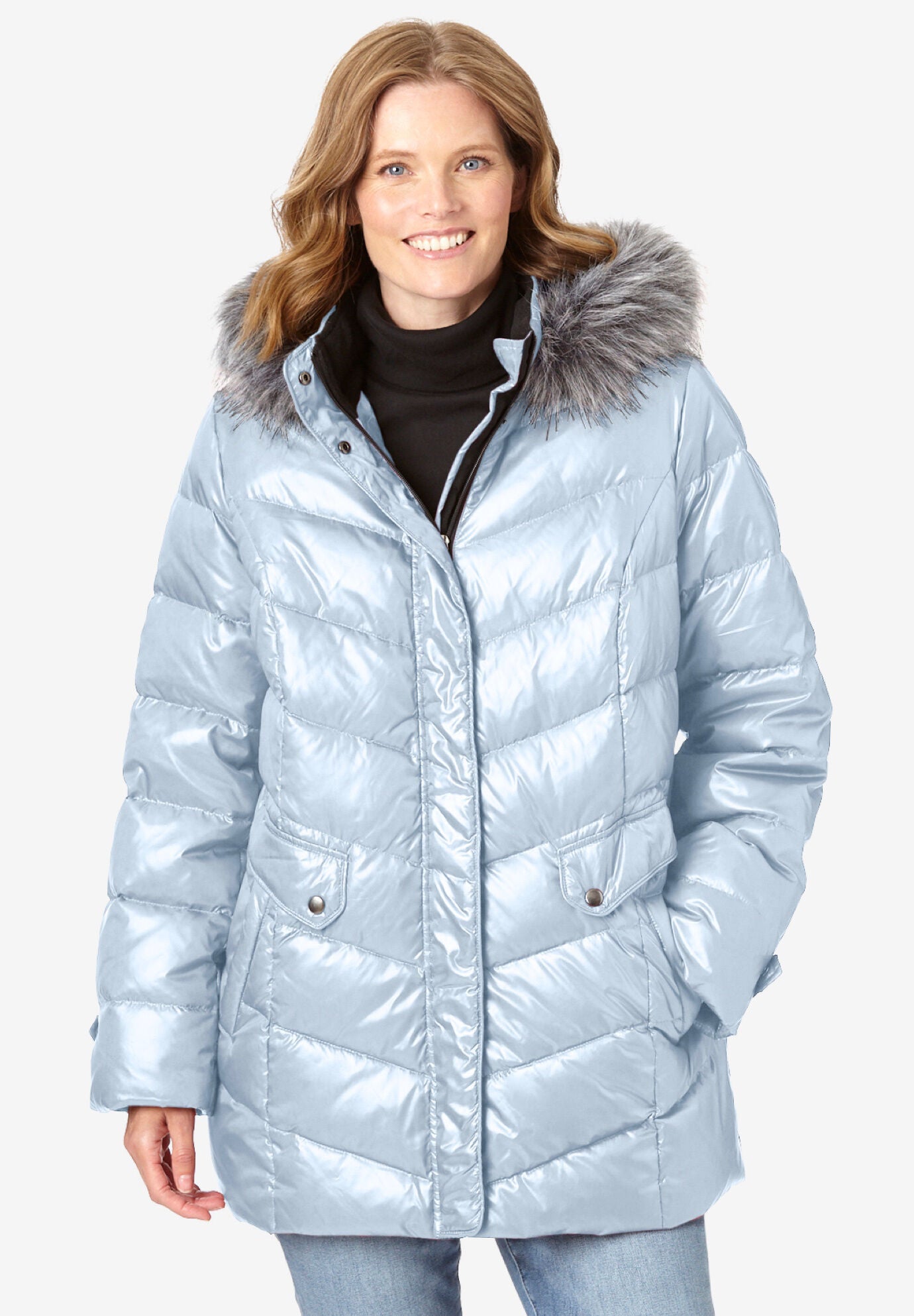 Plus Size Hooded Down Puffer Jacket, Pearl Grey | Woman Within