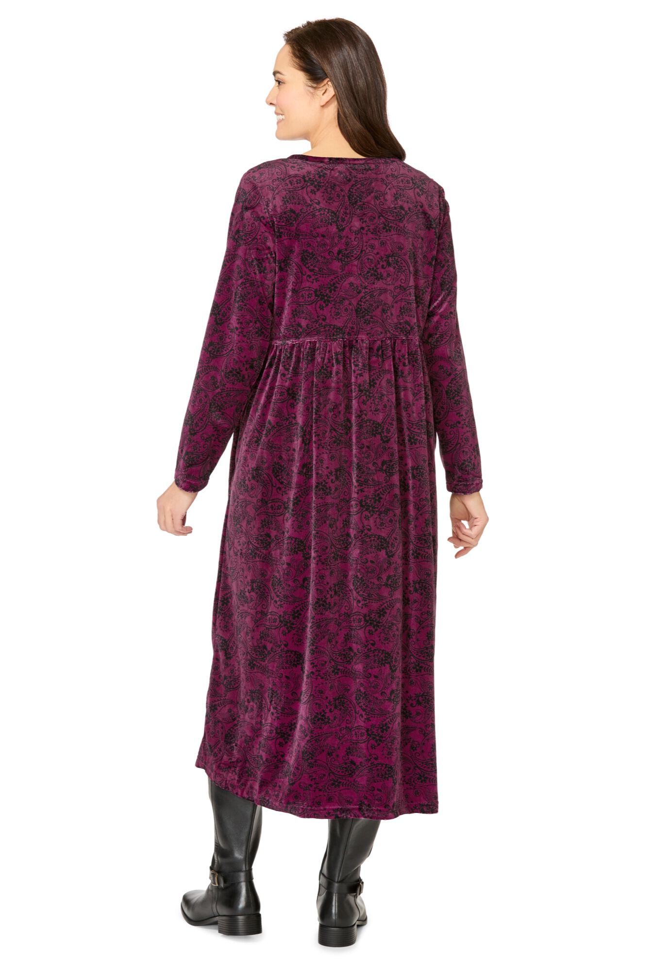 21-Button Velour Dress - Soft Velour Fabric, Deep Claret Floral Paisley ...