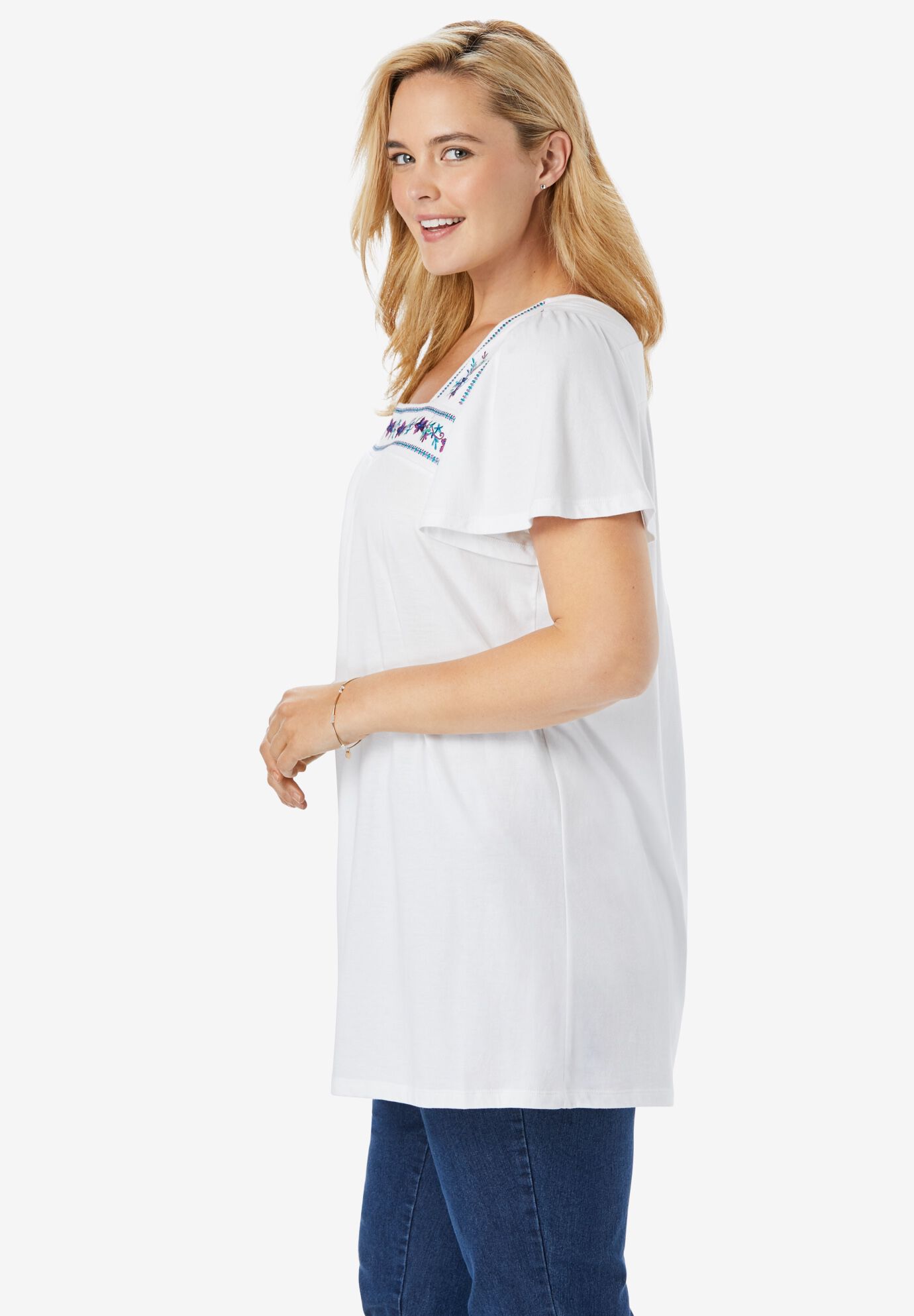 Embroidered Square Neck Tunic - 30" Length, Pretty Turquoise Multi ...