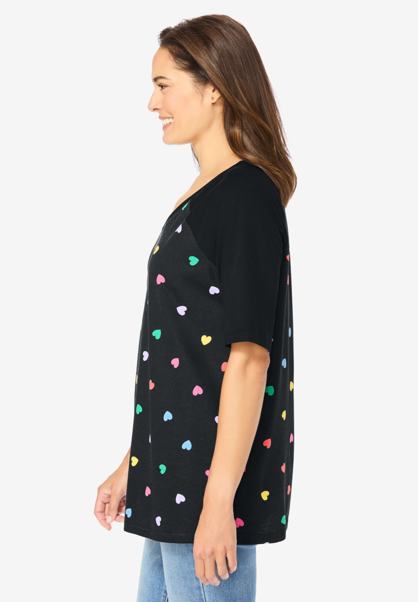 V-Neck Baseball Tee with Elbow Sleeves, Black Multi Sprinkle Hearts ...