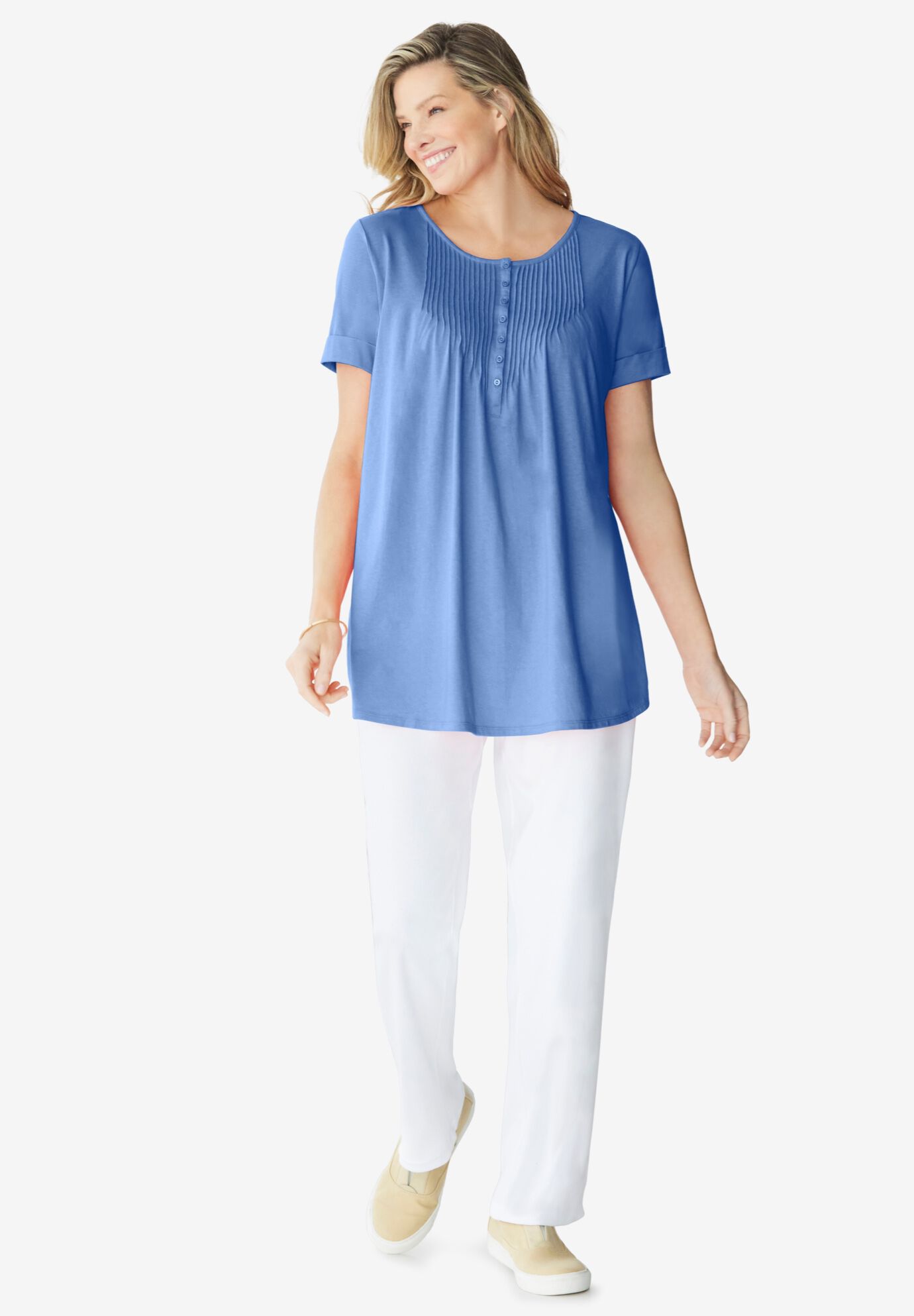 Short-Sleeve Pintucked Henley Tunic for Women, Pretty Jade Patchwork ...