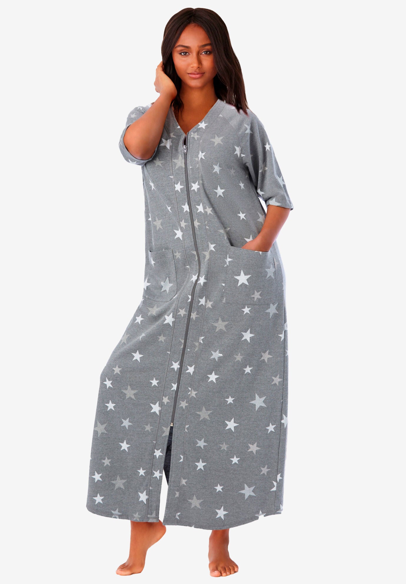 French Terry Robe - Long Zip-Front Style, Heather Grey Stars | Woman Within