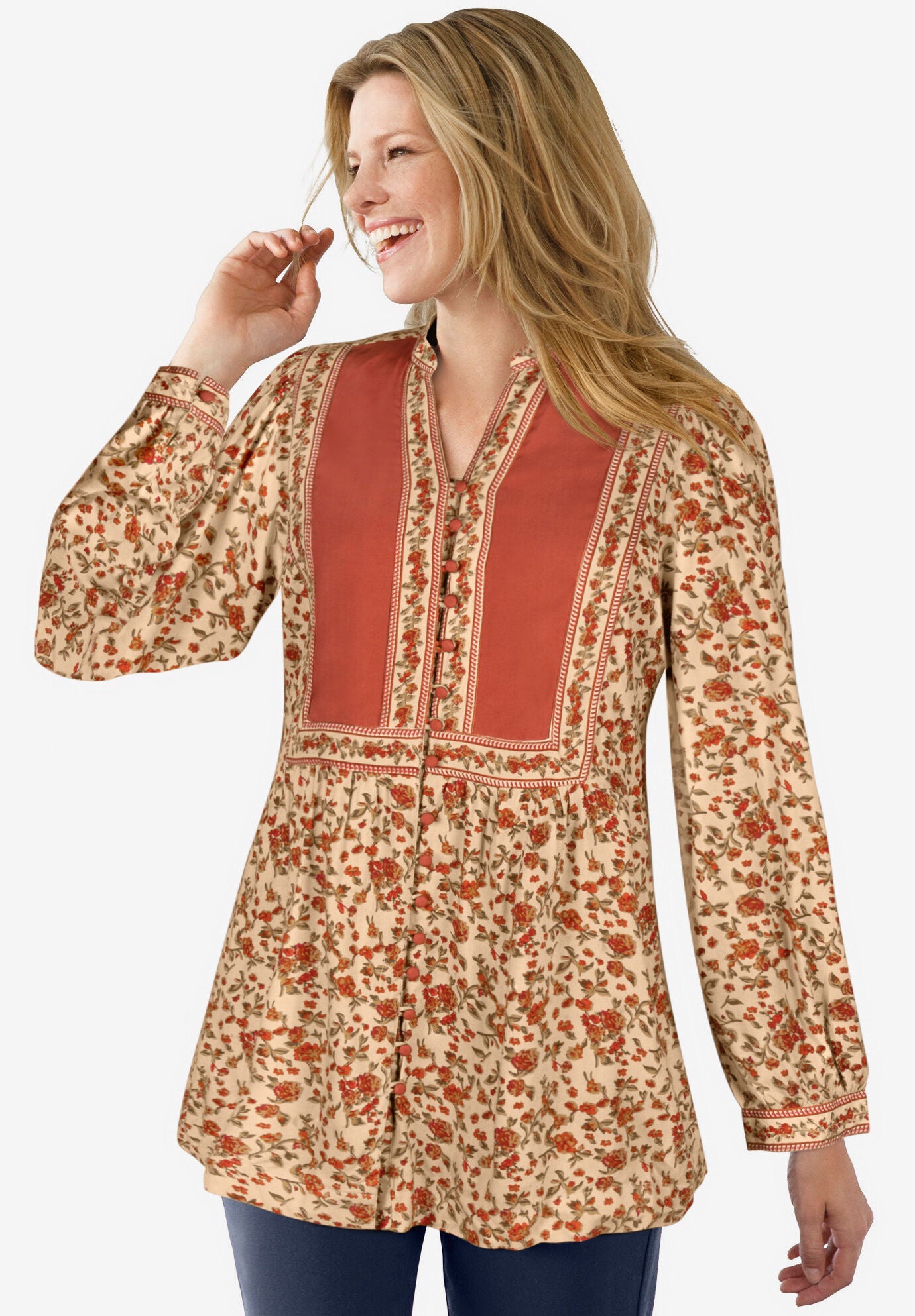 Button-Front Mixed Print Tunic | Woman Within