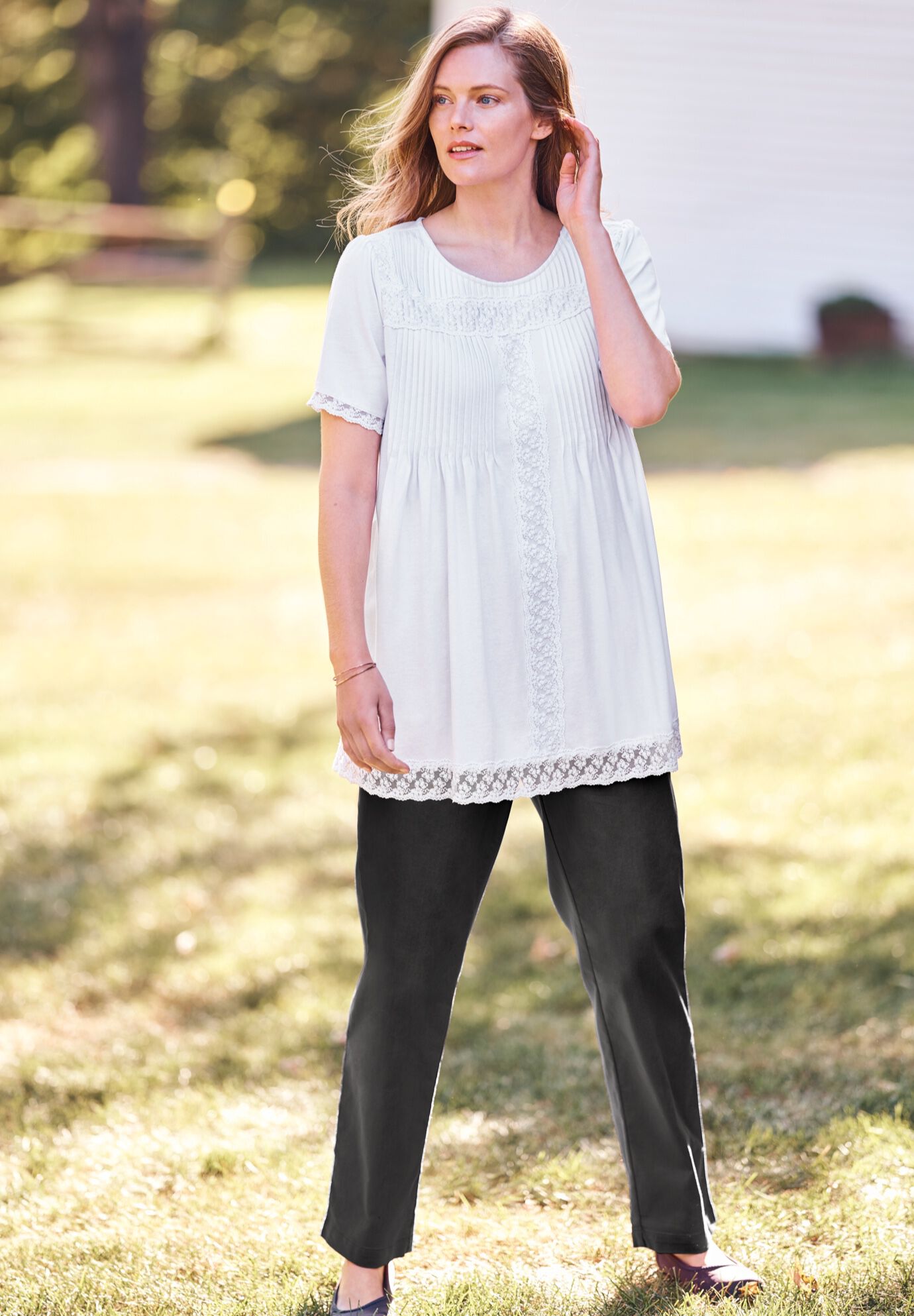 Lace-Trim Pintucked Tunic for Women, White | Woman Within