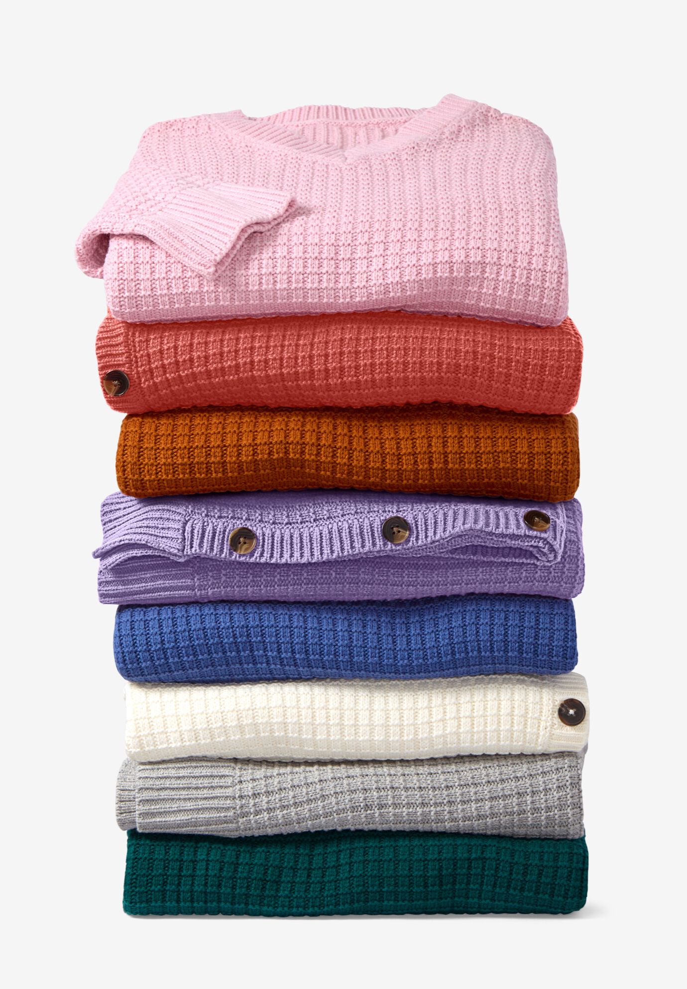 Side Button Waffle Knit V-Neck Sweater, Pink | Woman Within