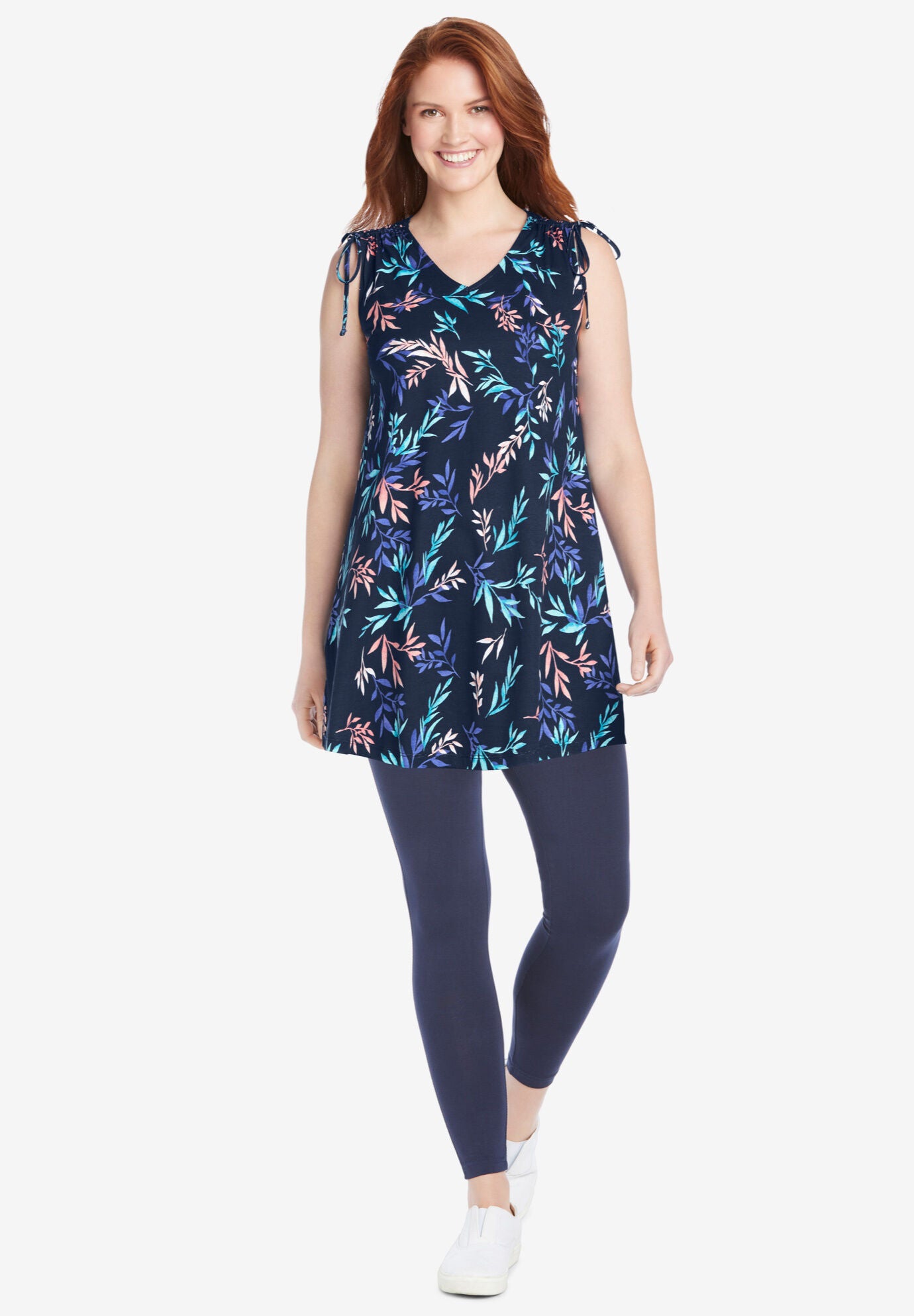 Ruched-Shoulder Tunic Tank for Women, Multi Graphic Floral | Woman Within