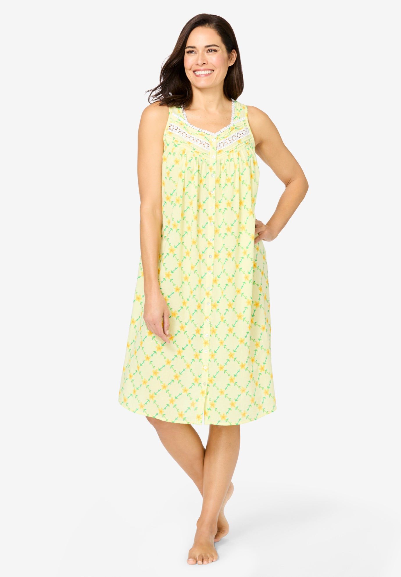 Sleeveless Cotton Night Gown with Lace Trim, Pastel Yellow Floral ...