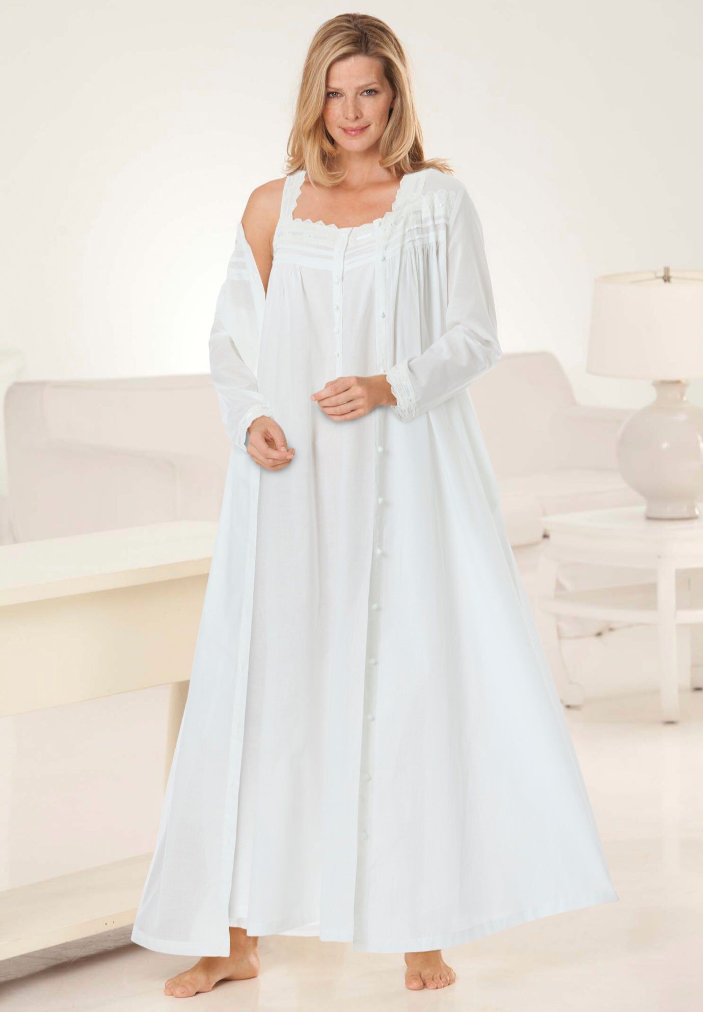 Long Cabbage-Rose Peignoir Set for Nightwear, White | Woman Within