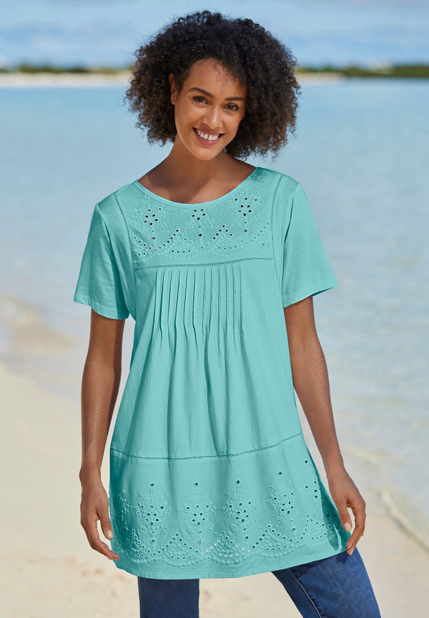 Embroidered Pintucked Tunic - Eyelet Details, Azure | Woman Within