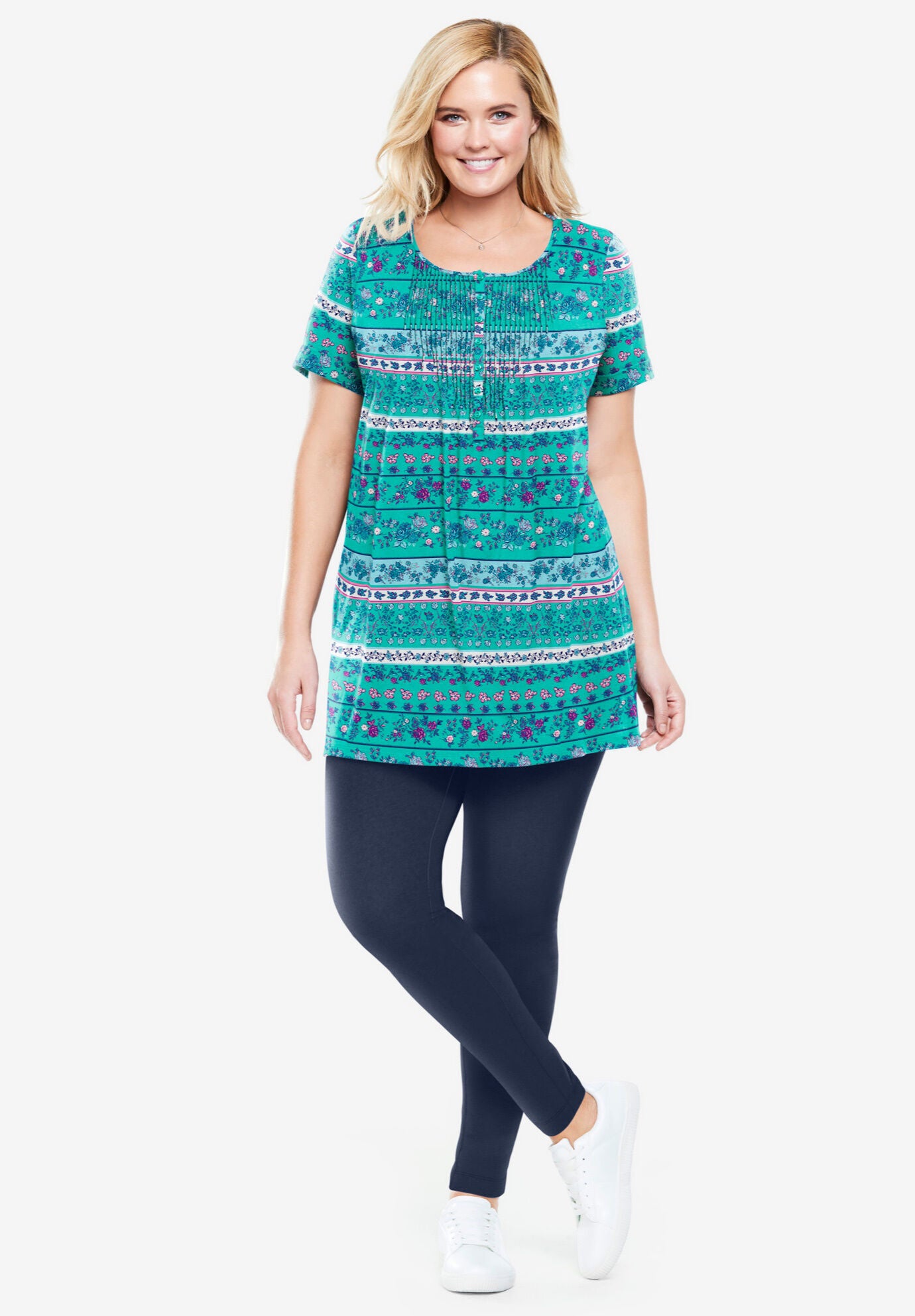 Short-Sleeve Pintucked Henley Tunic for Women, Navy Patchwork Stripe ...