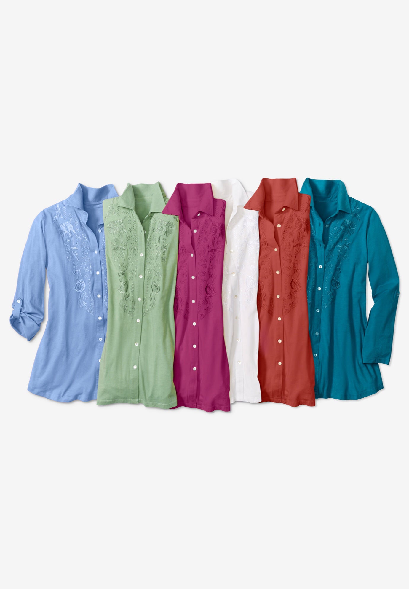 Button-Front Embroidered Tunic Shirt Collar, Sage Embroidery | Woman Within