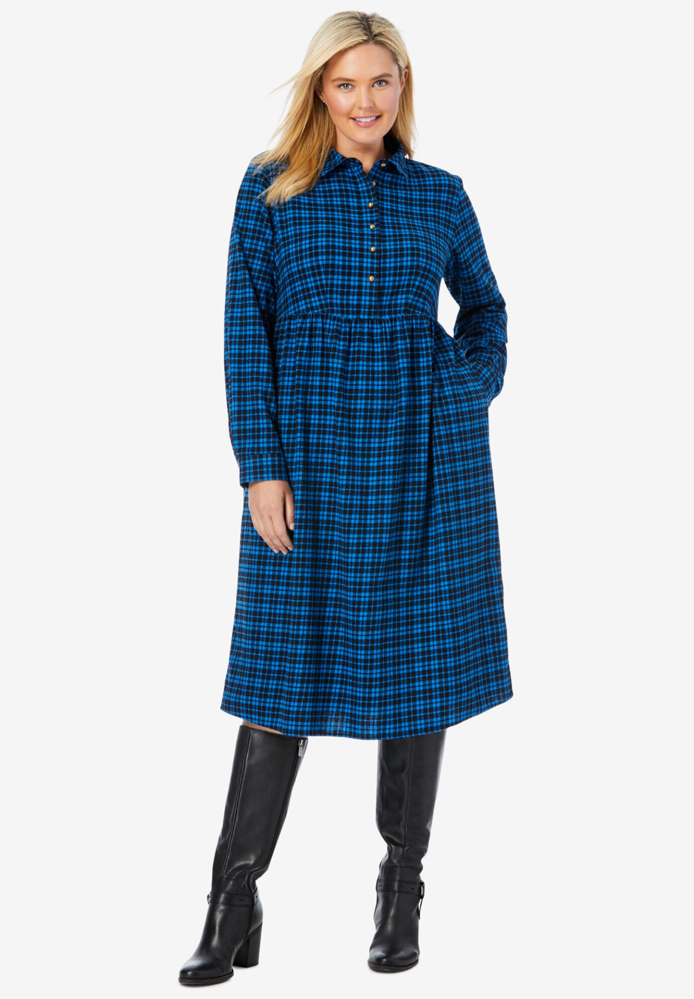 Plaid Flannel A-Line Shirtdress - Plus Size, Bright Cobalt Plaid ...