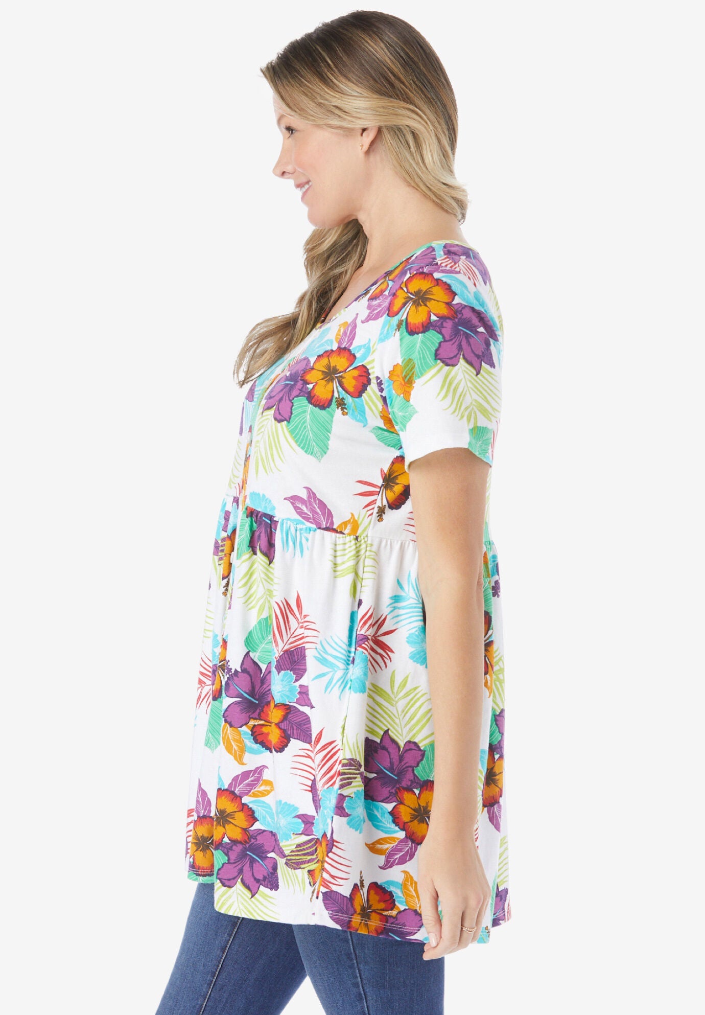 Short-Sleeve Empire Waist Tunic Top, Pretty Turquoise | Woman Within