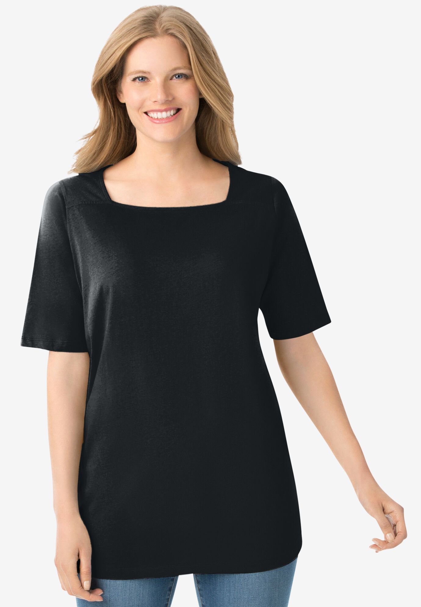 Elbow-Sleeve Square-Neck Tee - Pure Cotton, Black | Woman Within