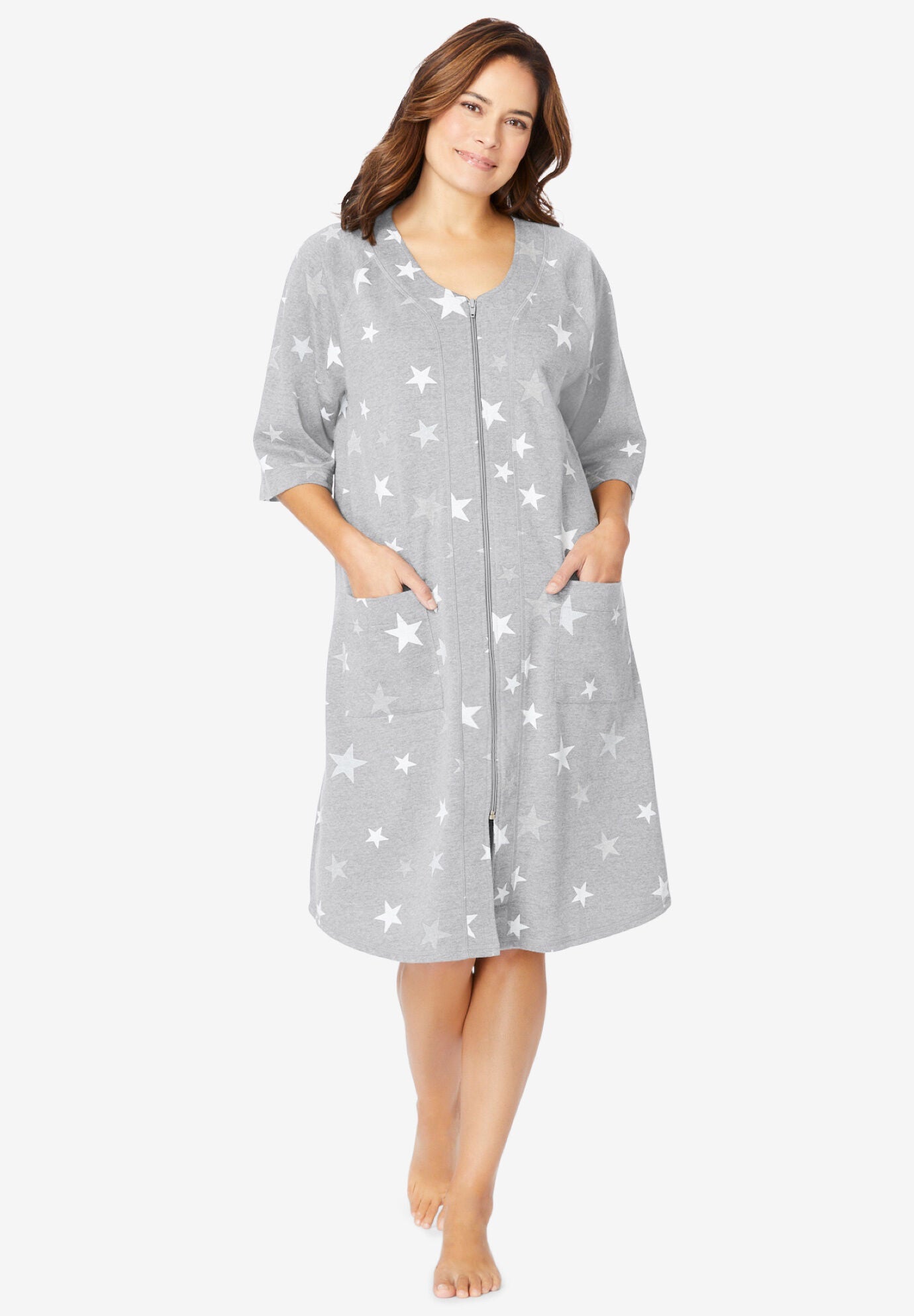 French Terry Short Zip-Front Lounge Robe, Heather Grey Stars | Woman Within