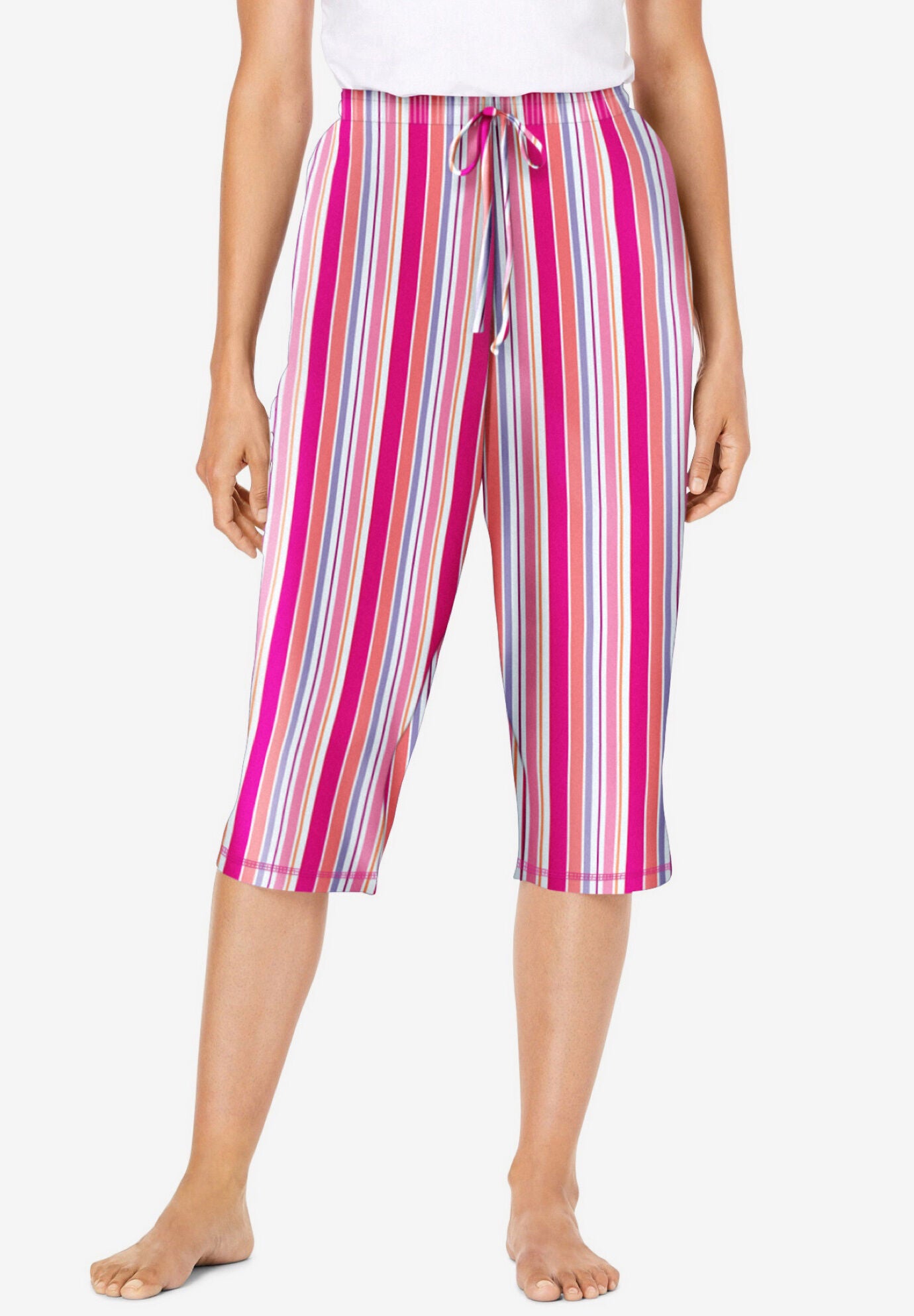 Cotton Knit Sleep Capri Pajama Pants 18" Inseam, Sweet Coral Stripe ...