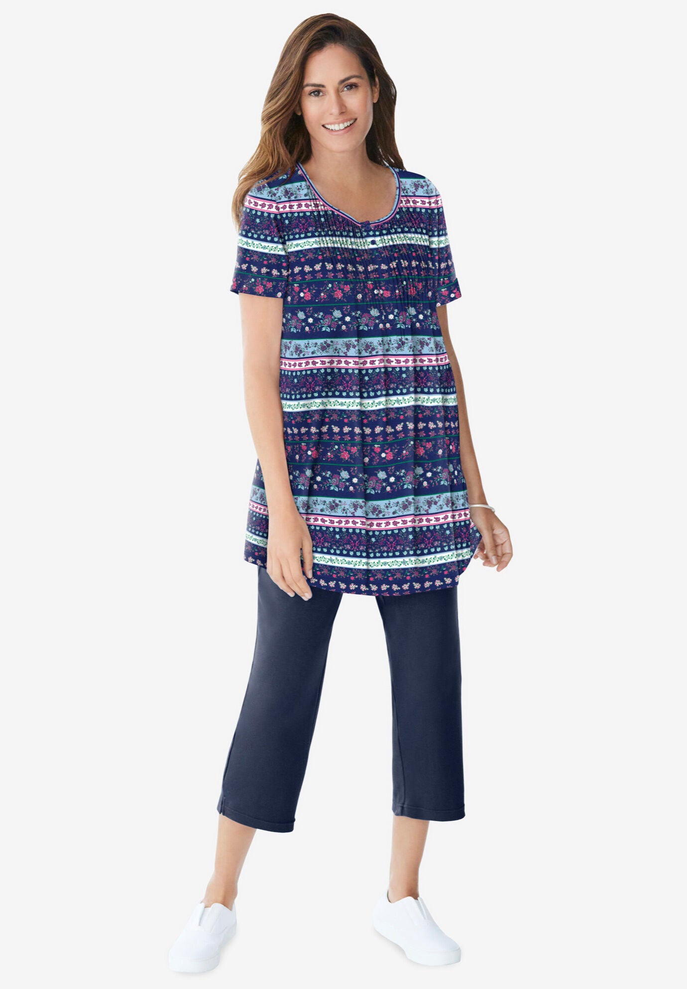 Short-Sleeve Pintucked Henley Tunic for Women, Navy Patchwork Stripe ...