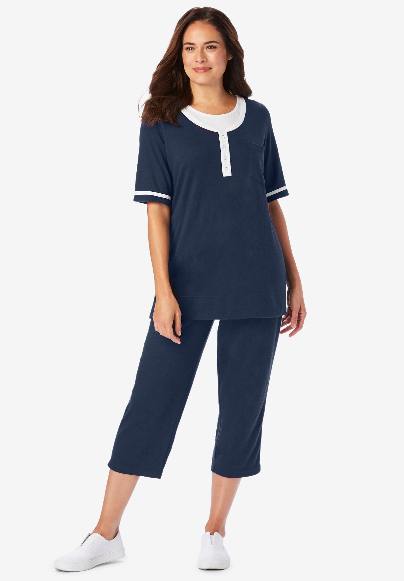 Contrast Stripe Capri Set for Women, Navy | Woman Within