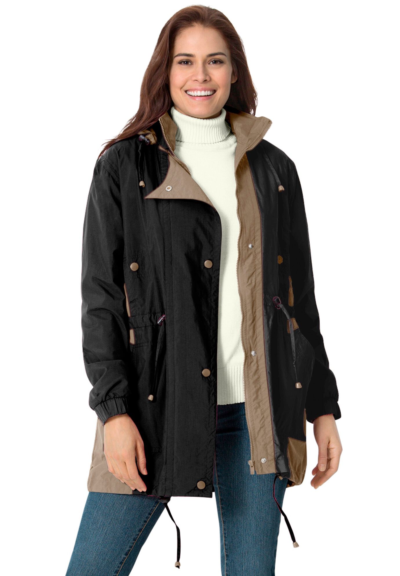 Colorblocked Taslon® Anorak for Women, Black Bark | Woman Within