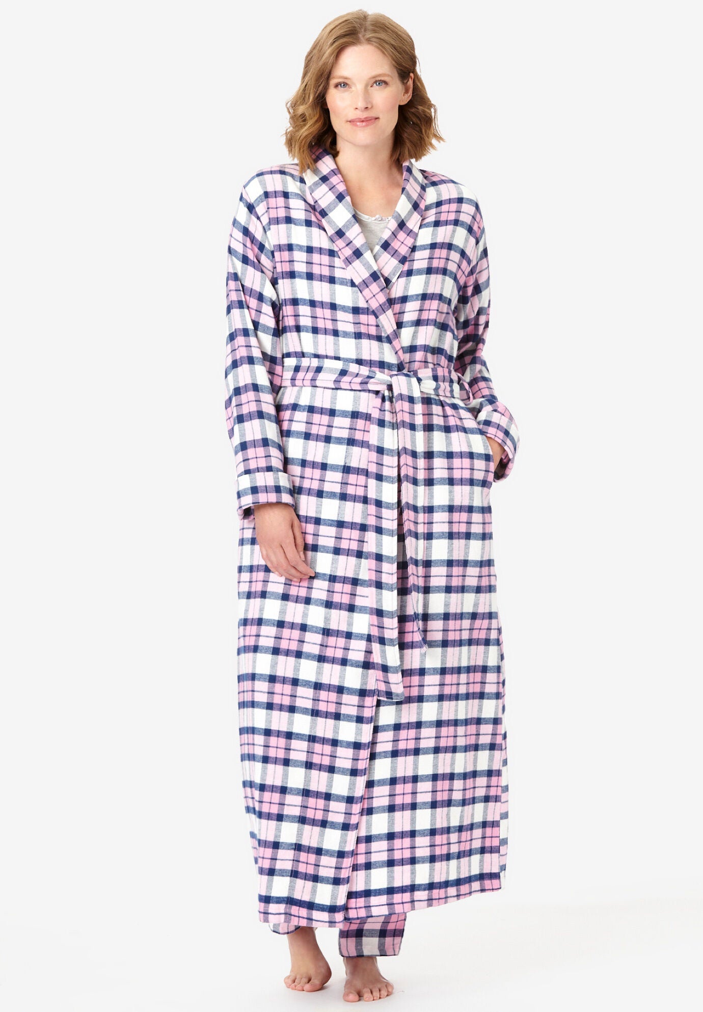 Women's Long Cotton Flannel Robe with Pockets, Plum Burst Plaid | Woman ...