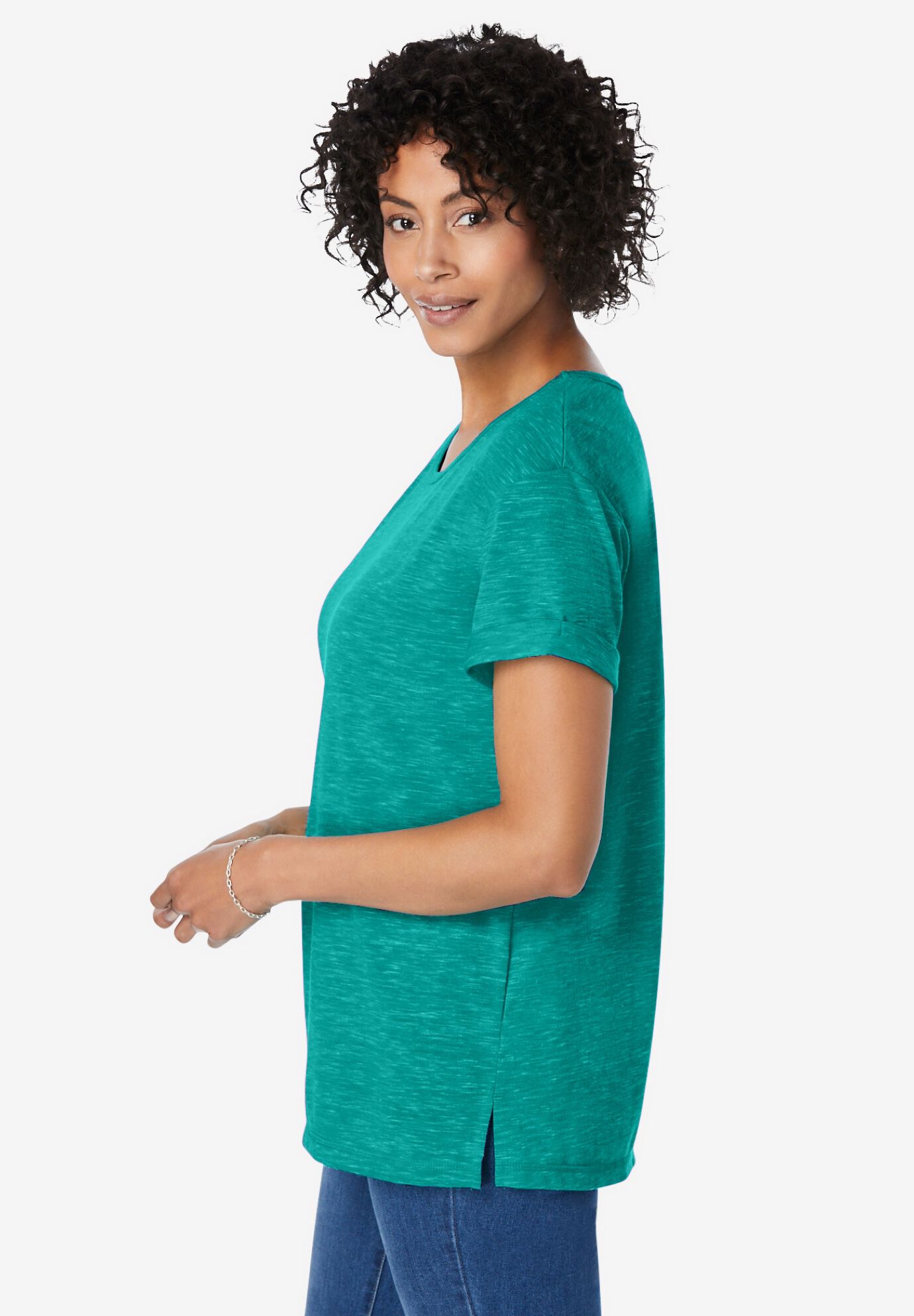 Marled Cuffed-Sleeve Tee for Women Plus Sizes, Dark Waterfall Marled ...
